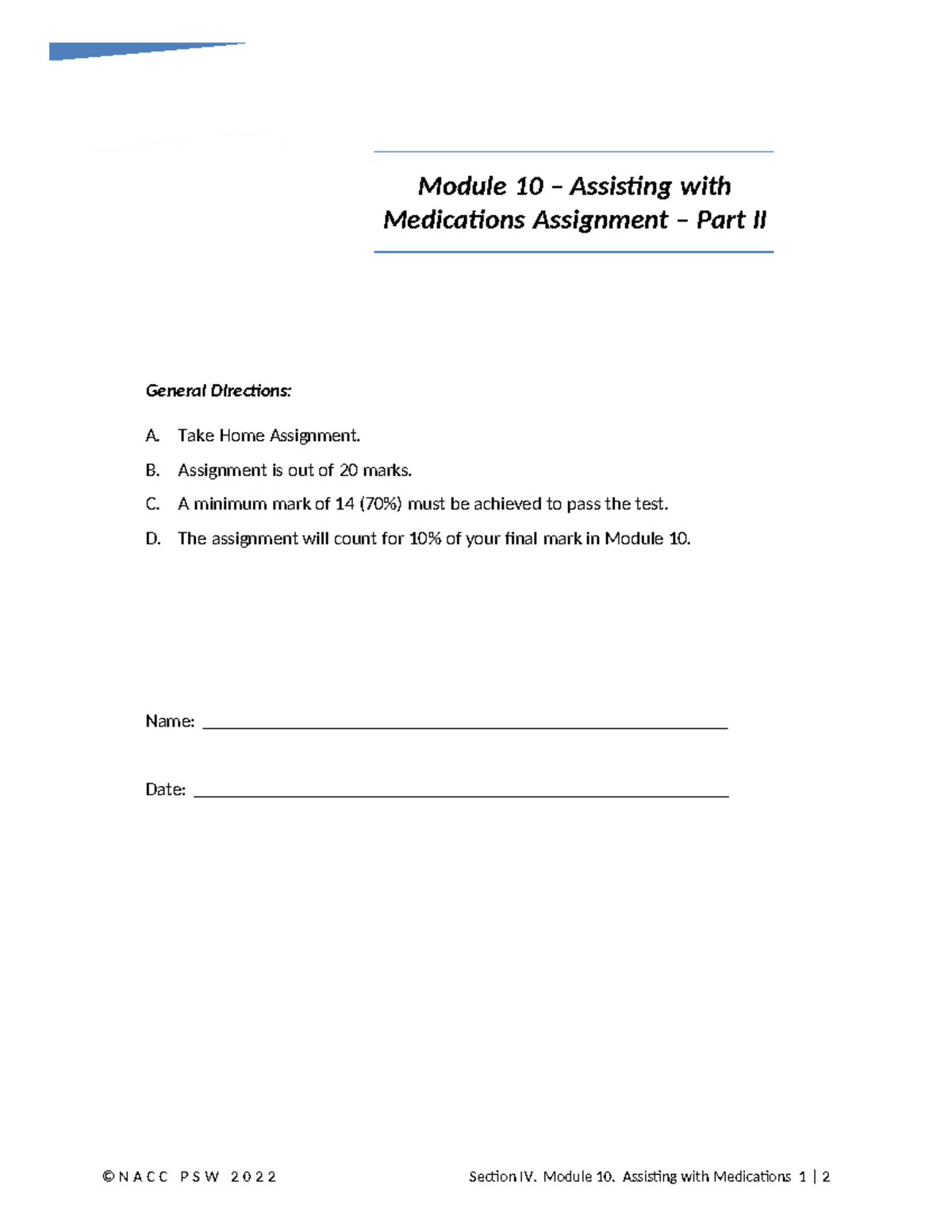 Module 10 PSW Assignment: Assisting with Medications Part II - Studocu