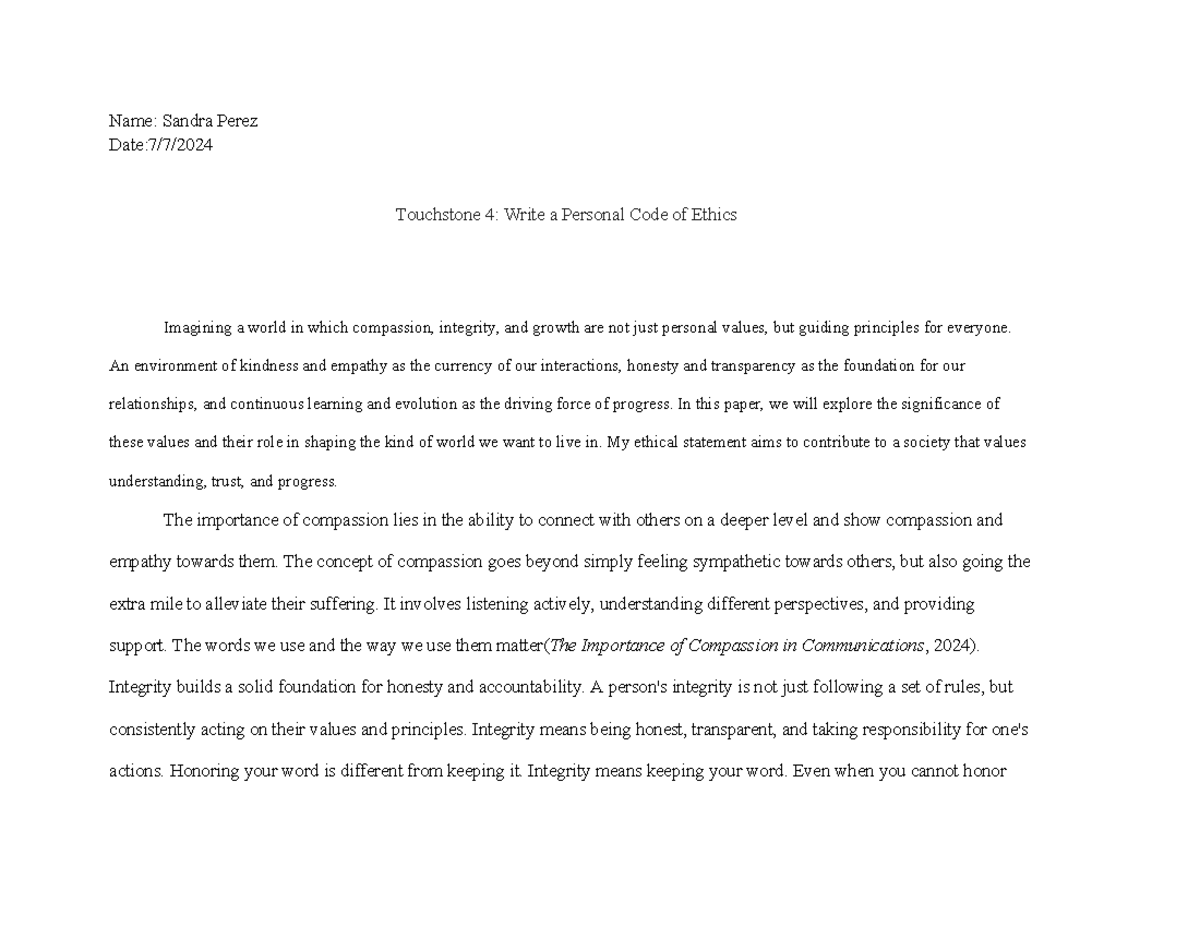 Touchstone 4 - Personal Code of Ethics Final Project by Sandra Perez - Studocu