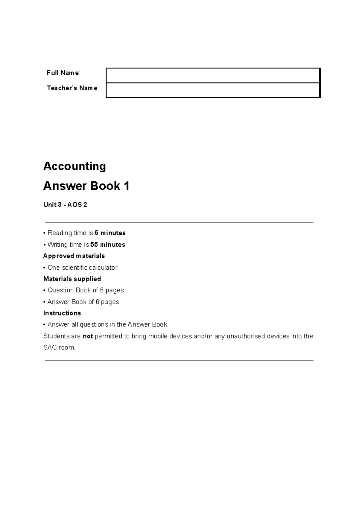 VCE Accounting Unit 3 AOS 2 Practice SAC 1 Answer Booklet - Studocu