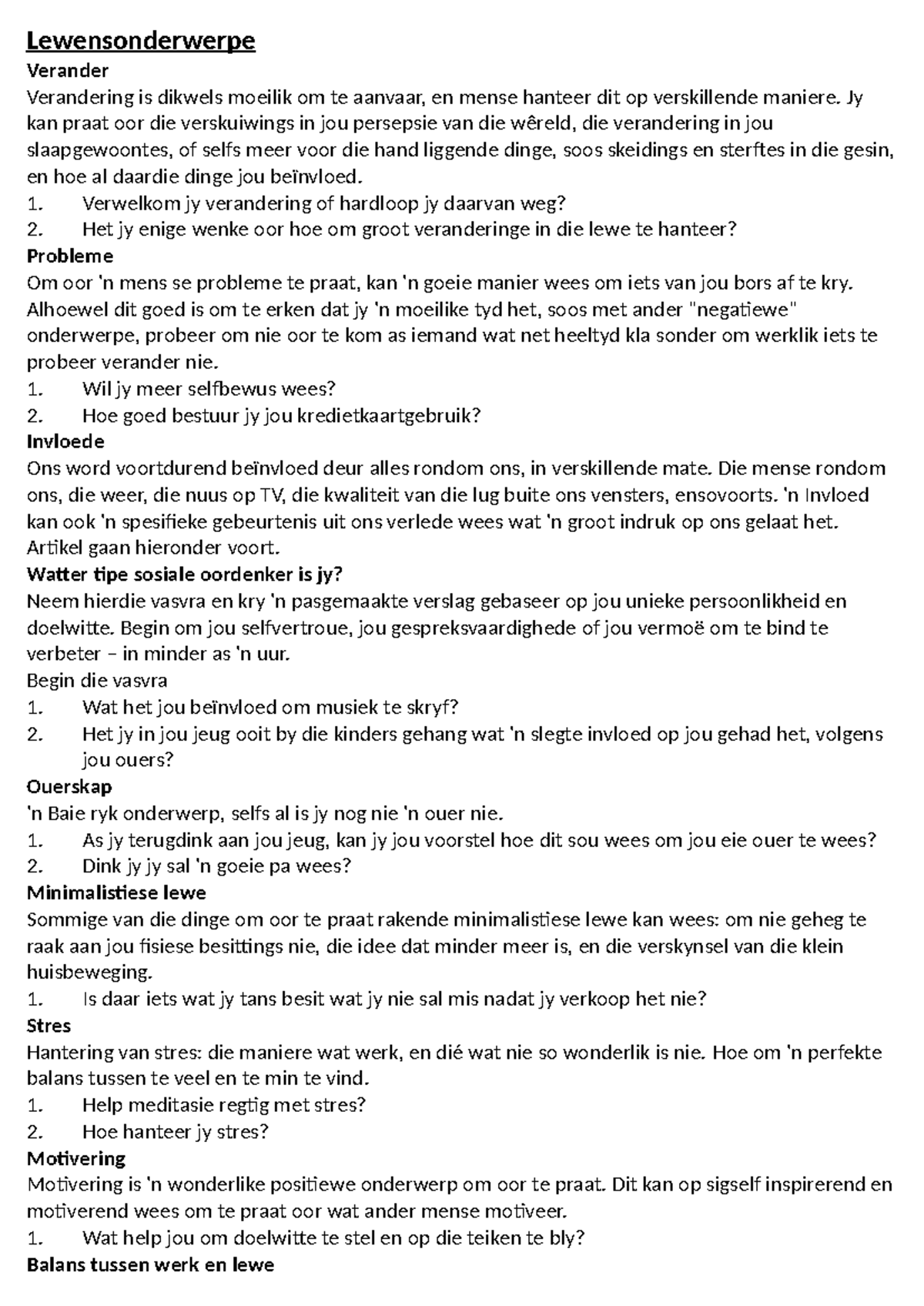 Onderwerpe vir Geselskap: 'n Gids vir Interaksie en Verbinding - Studocu