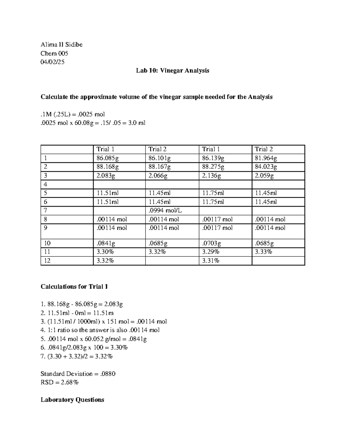 Vinegar analysis lab report for Chem 005: Lab 10 - Studocu
