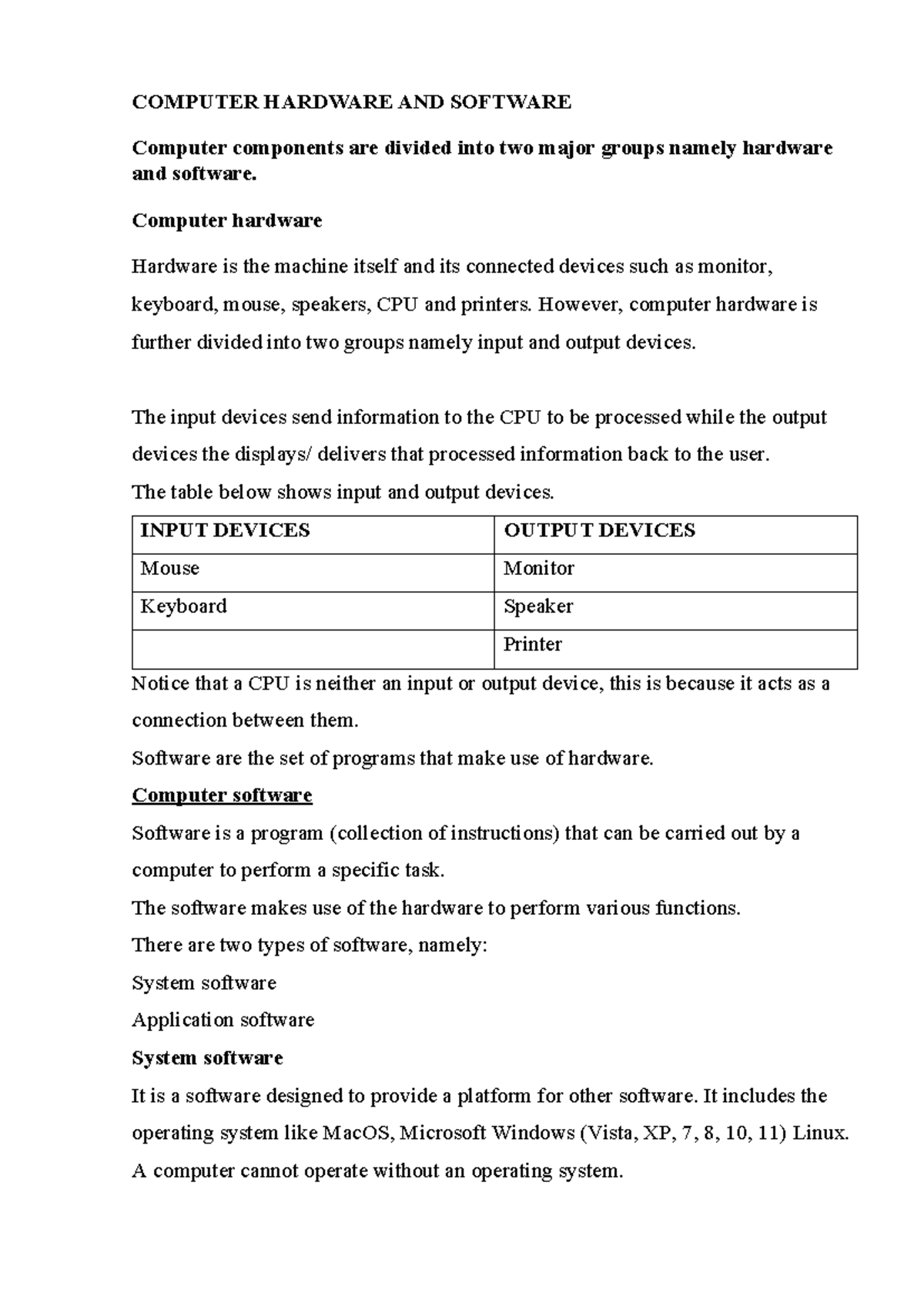 Standard 3 ICT Notes: Understanding Computer Hardware & Software - Studocu
