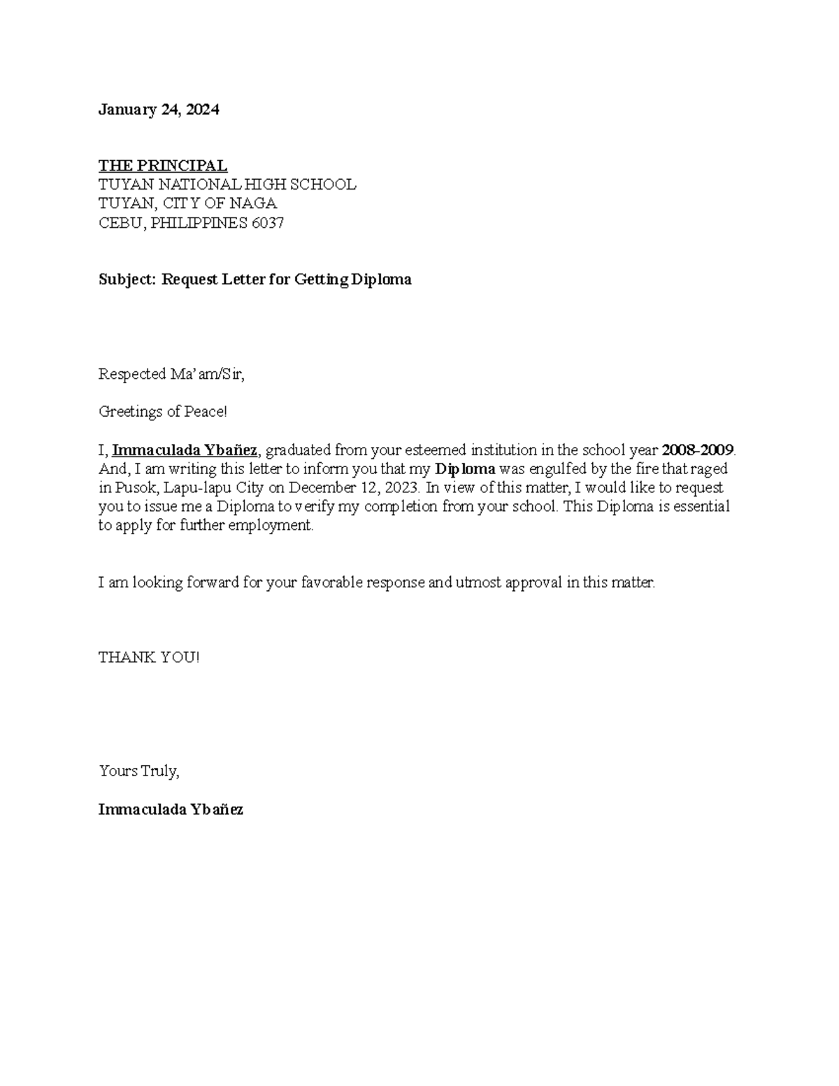 Request Letter for Diploma - Tuyan National High School - Studocu