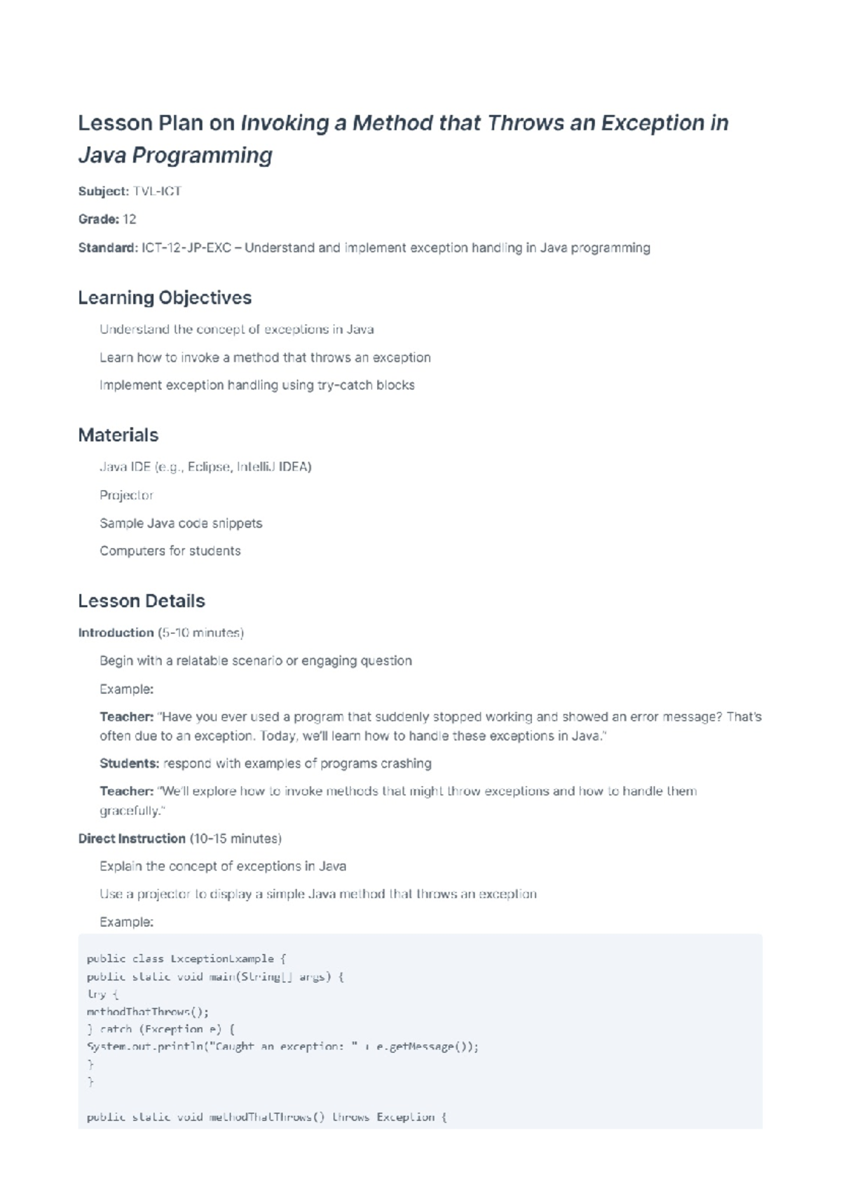 Lesson Plan TVL-ICT Grade 12: Exception Handling in Java - Studocu