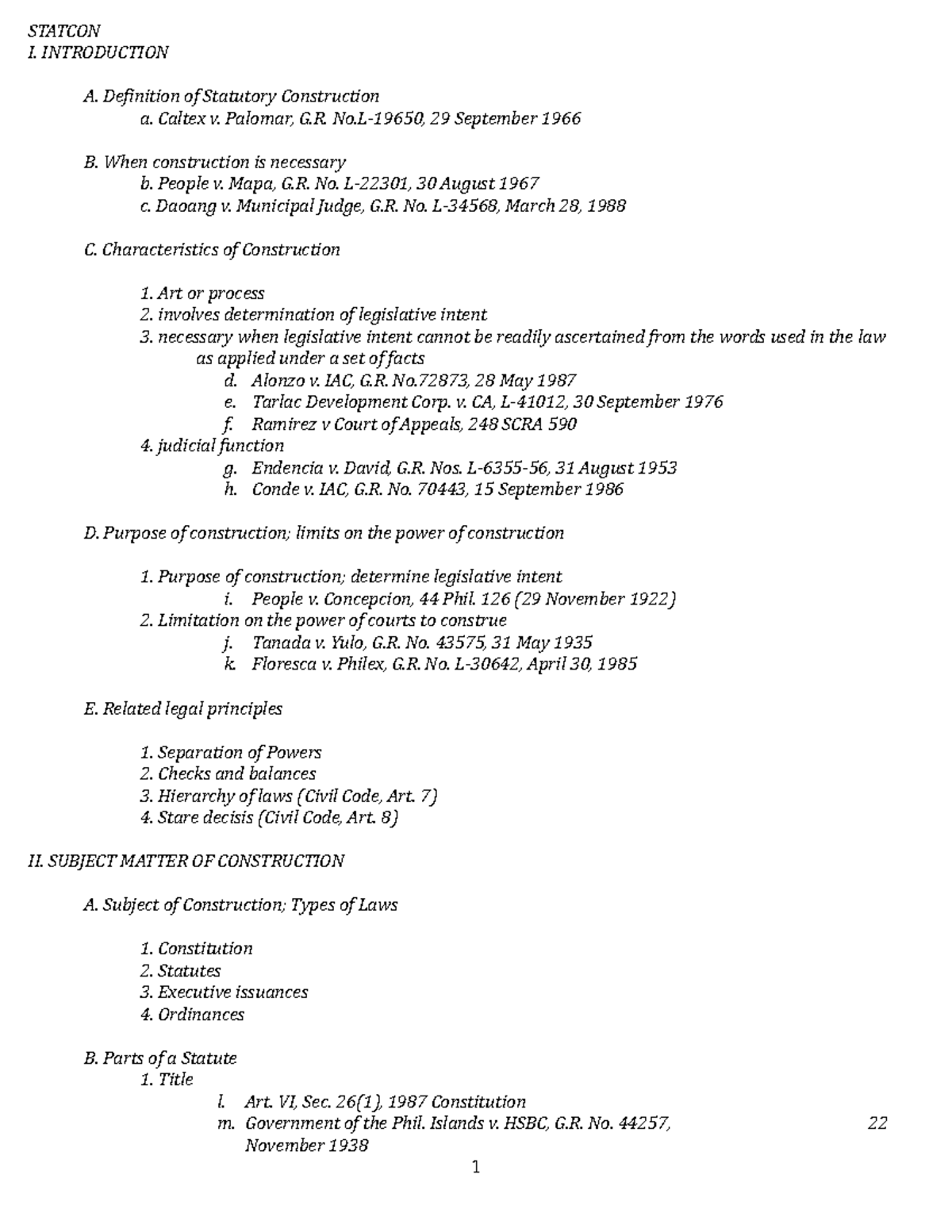Statcon 101: Lecture Outline on Statutory Construction Principles - Studocu