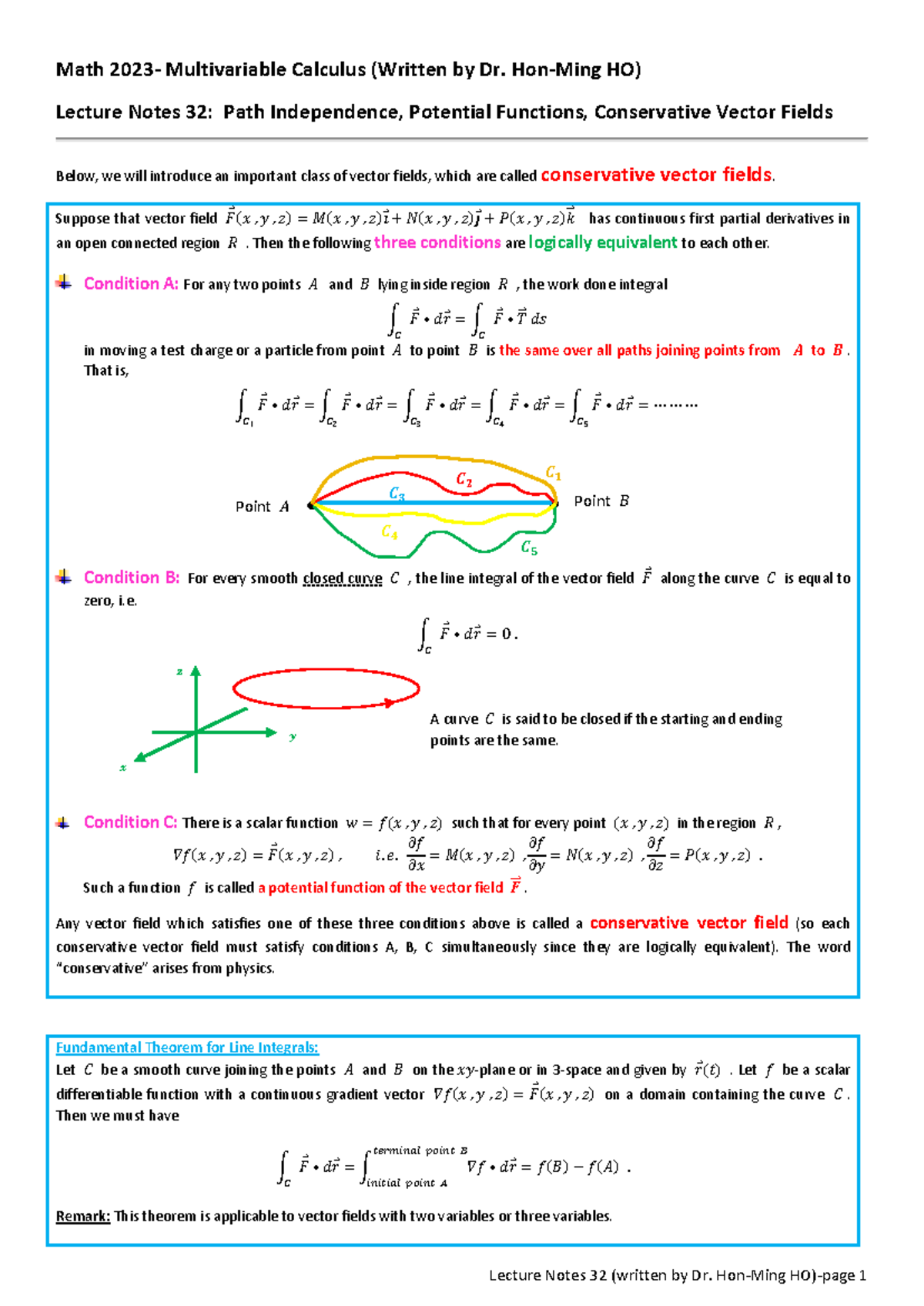 Math 2023 L32 Lecture Notes 32 Conservative Vector Fields Path