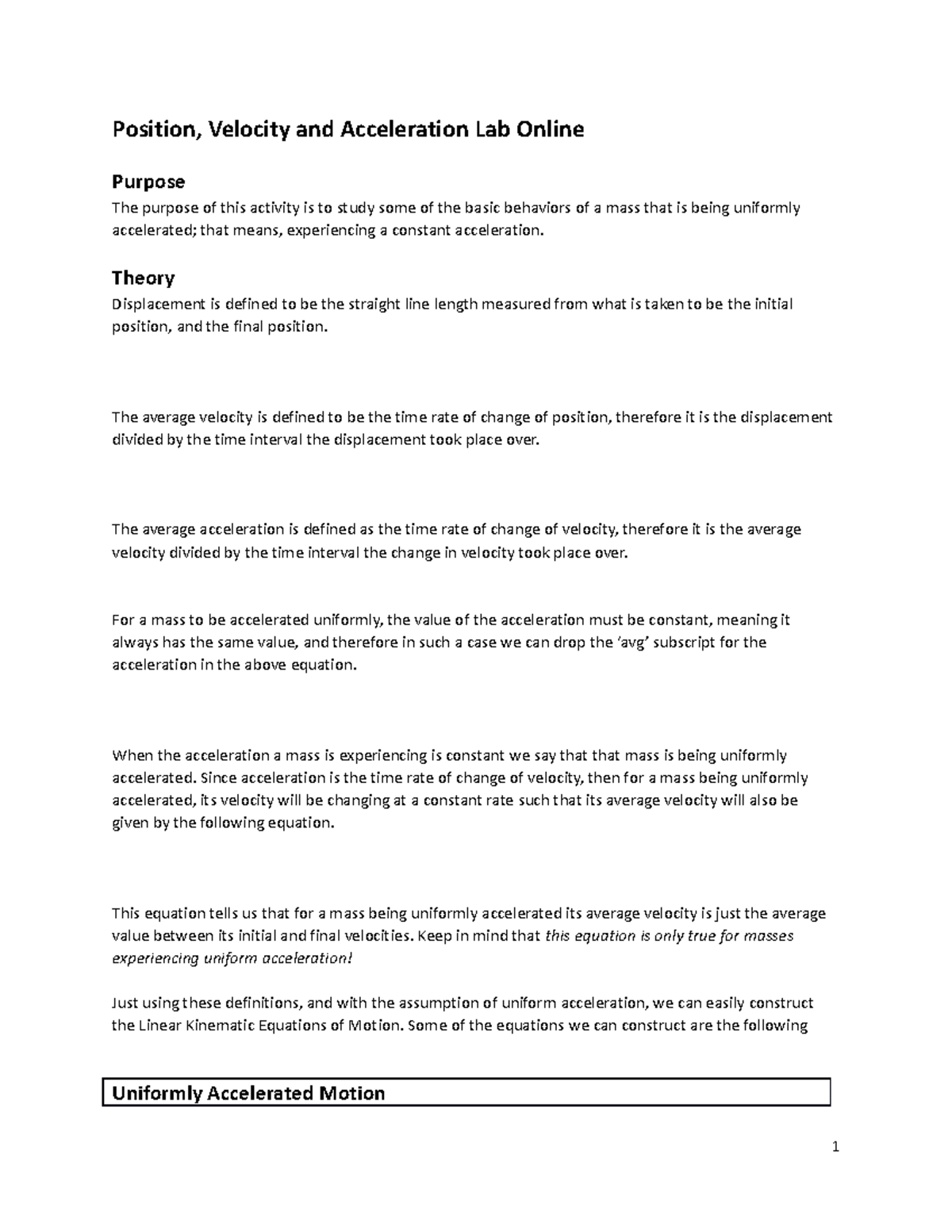 Fall 2023 Position, Velocity & Acceleration Lab Online Analysis - Studocu