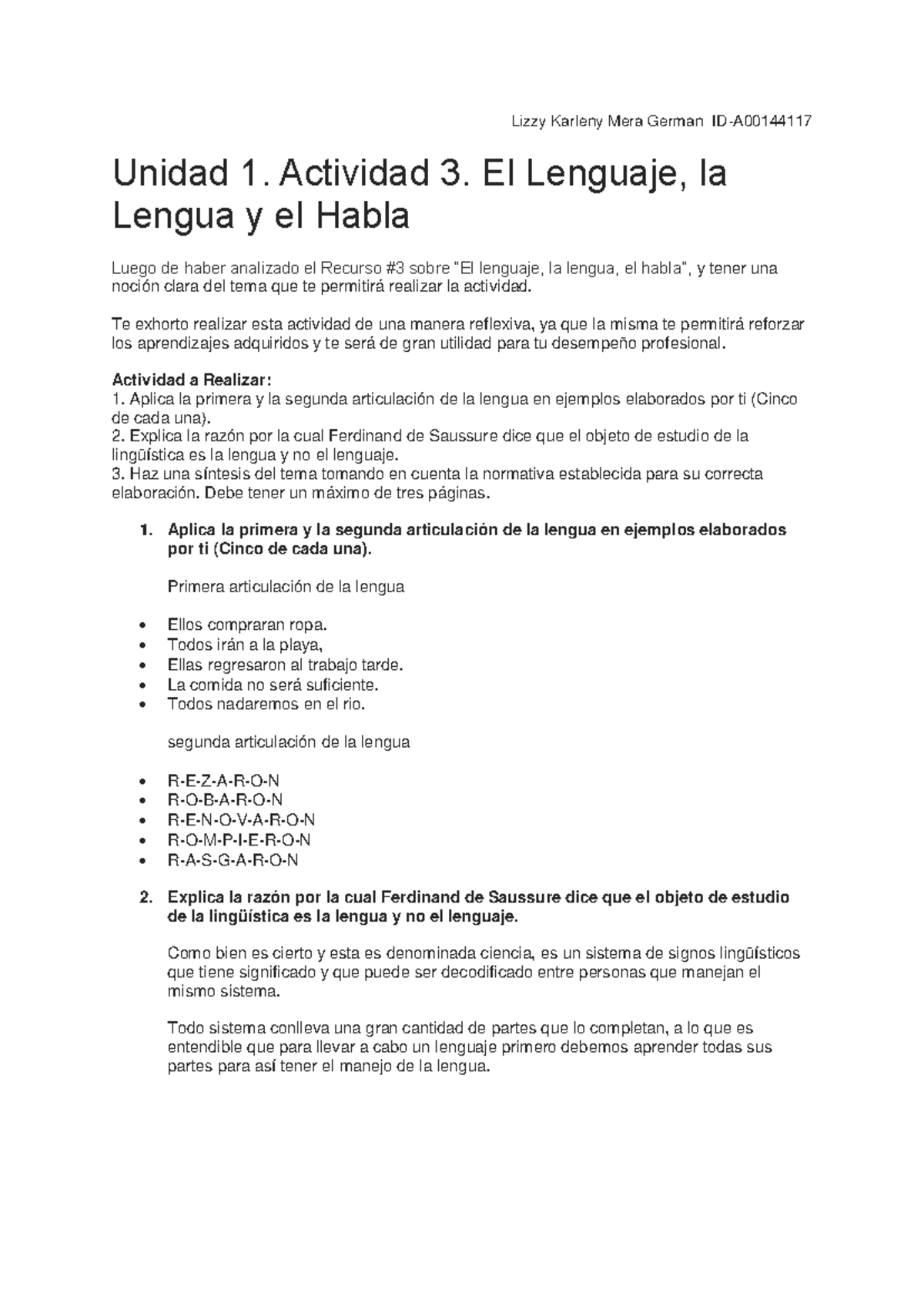 Unidad 1 - Actividad 3: Análisis del Lenguaje, la Lengua y el Habla ...