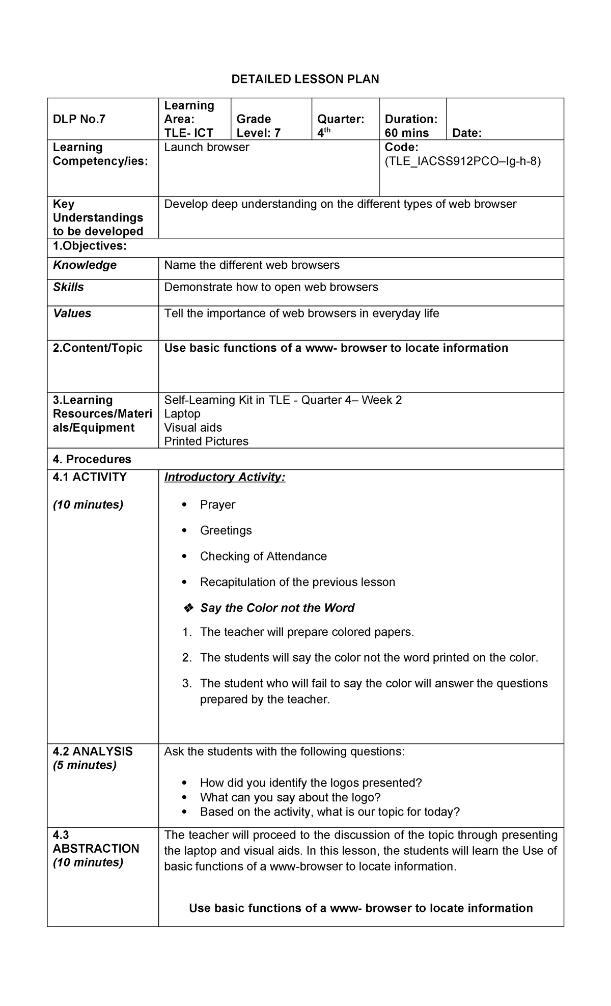 DLP3 - Lesson Plan on ICT for Grade 7: Web Browsers & Navigation - Studocu