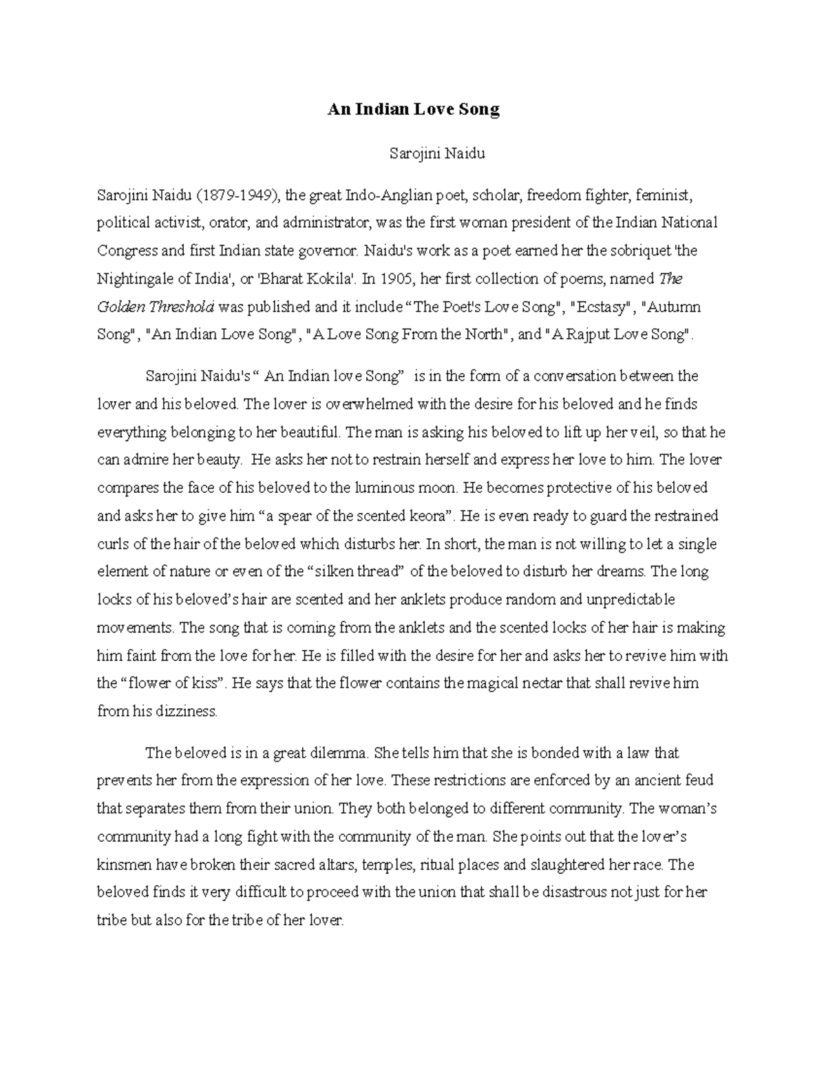 Notes on Sarojini Naidu's "An Indian Love Song" Analysis - Studocu
