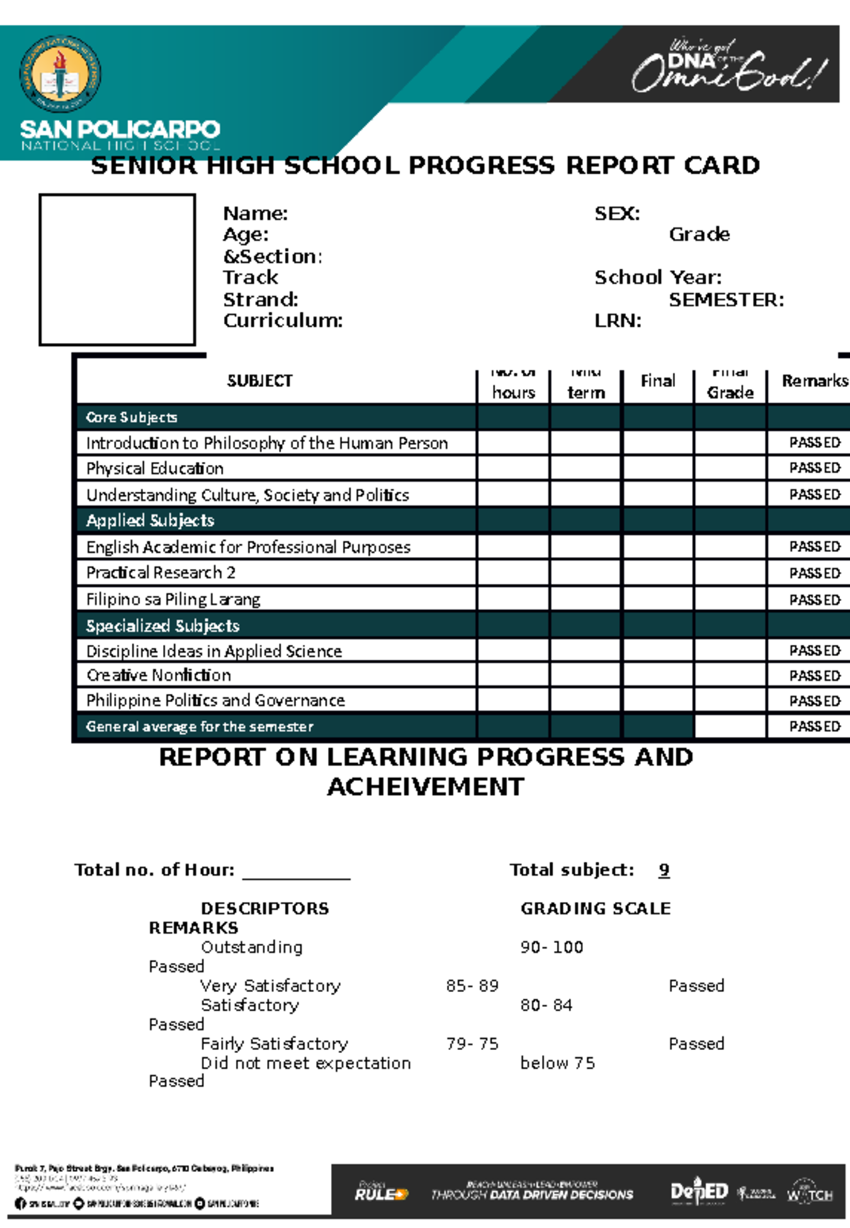 SHS Progress Report Card Sample for Lecture - Midterm & Final Grades ...