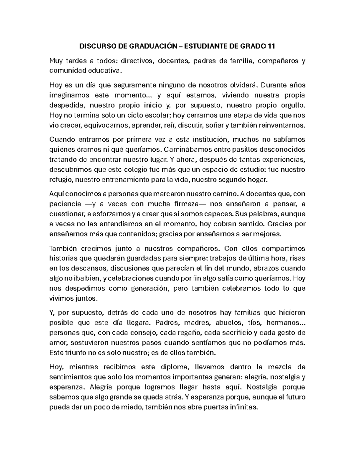 Discurso de Graduación - Estudiante Grado 11 - Studocu