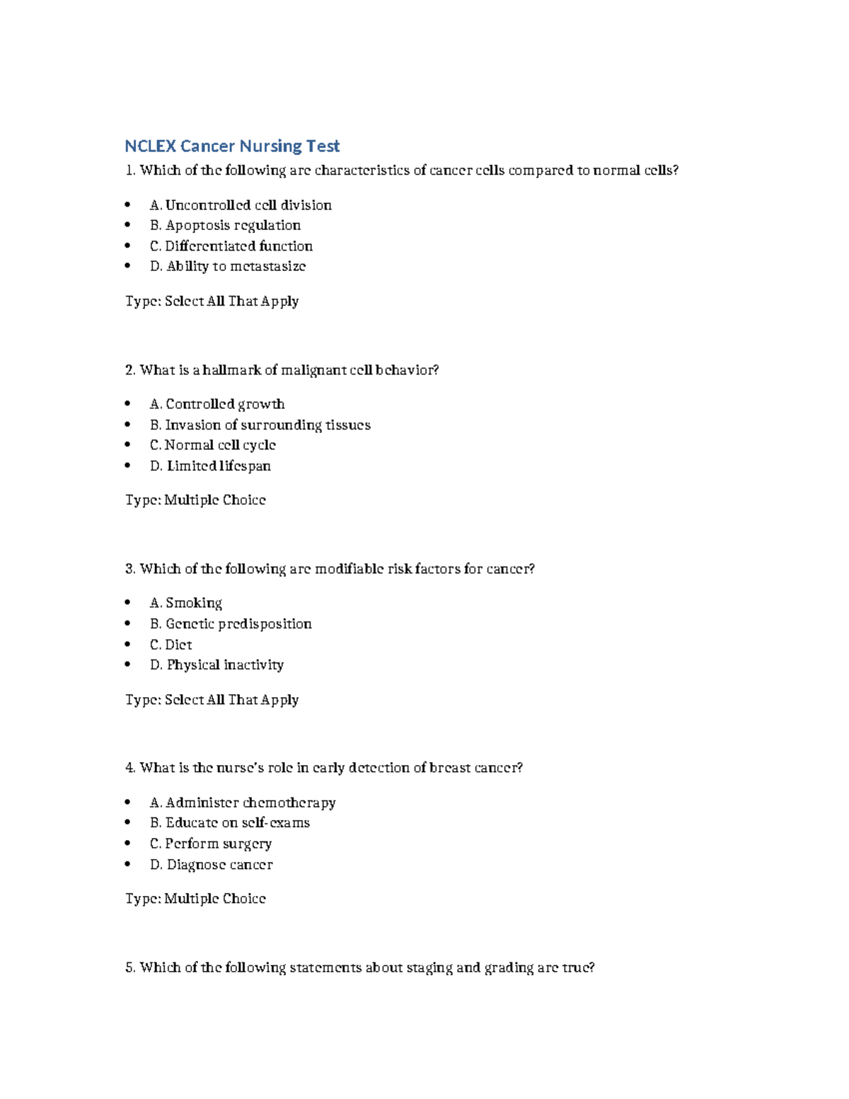 NCLEX Cancer Nursing Test 1: Key Concepts and Answers - Studocu