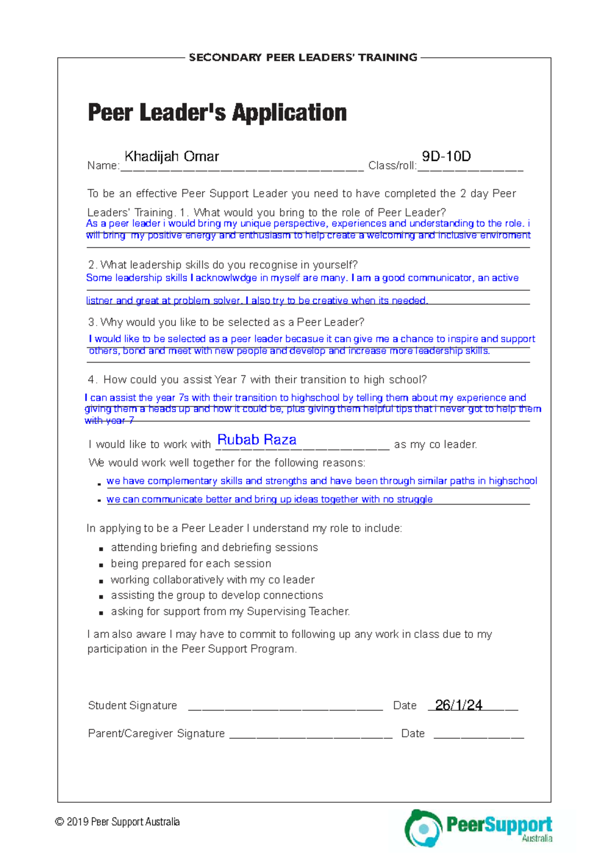 Peer Support Leader Application - Khadijah Omar 2019 - Studocu