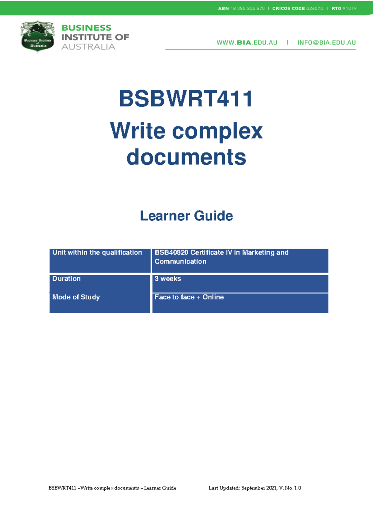 BSBWRT411 - Comprehensive Learner Guide for Writing Complex Documents ...