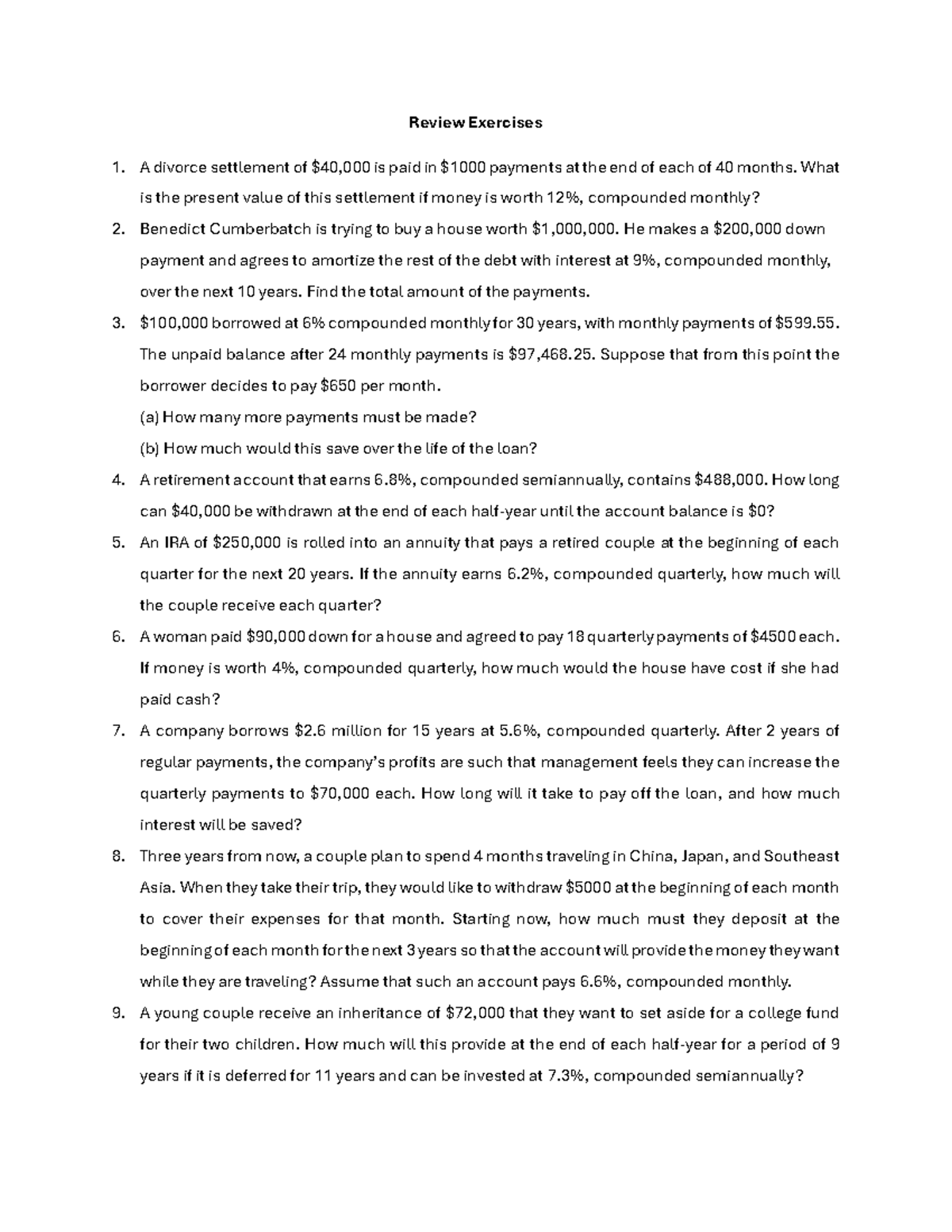 Review Exercises on Present Value & Annuities - Fin 101 - Studocu