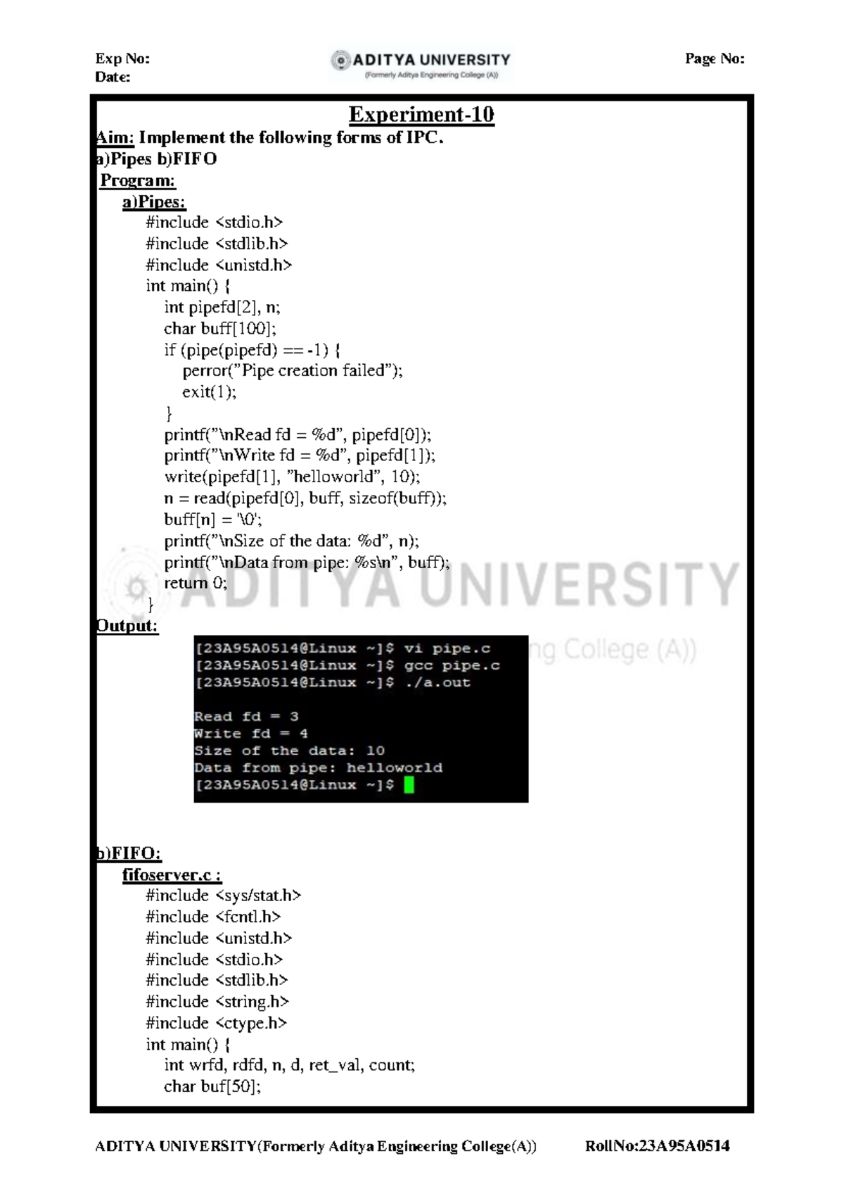 CNS Exp 10: IPC Implementation with Pipes and FIFO - Studocu