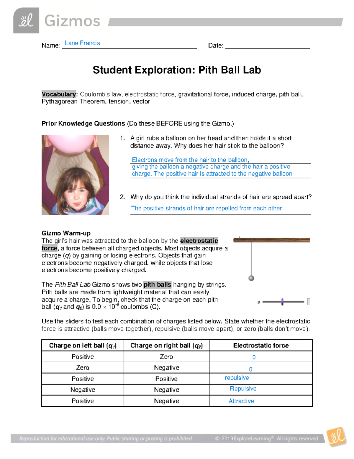 Pith Ball Lab Gizmo Exploration: Understanding Electrostatic Forces ...