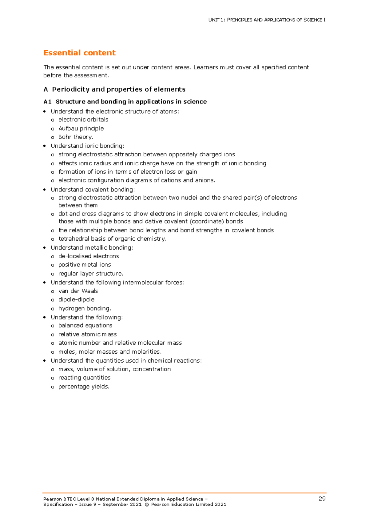 BTEC Level 3 Applied Chemistry Unit 1 Summary: Key Concepts & Topics - Studocu