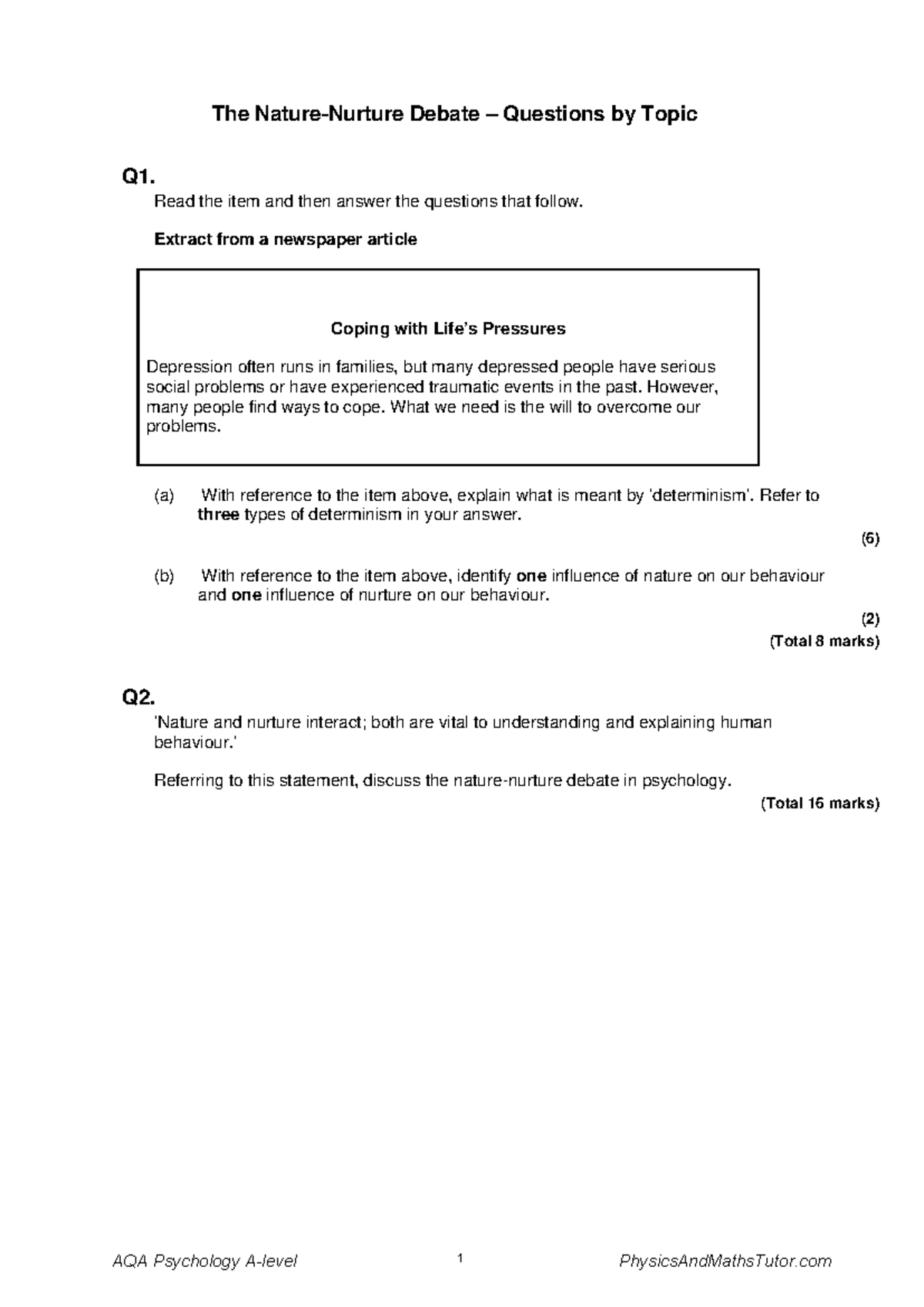 AQA Psychology A-Level: Nature-Nurture Debate Questions & Topics - Studocu