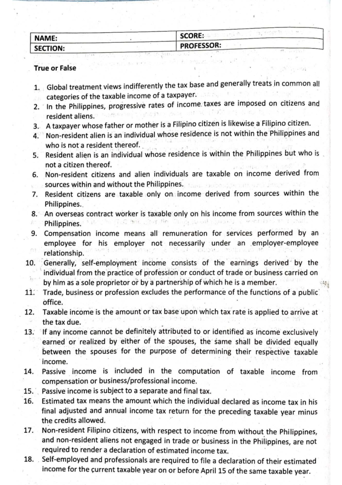 Chapter 2 - Taxation of Individuals: True/False & Multiple Choice ...