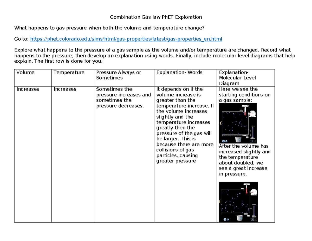 Combination Gas law Ph ET Exploration - Combination Gas law PhET ...