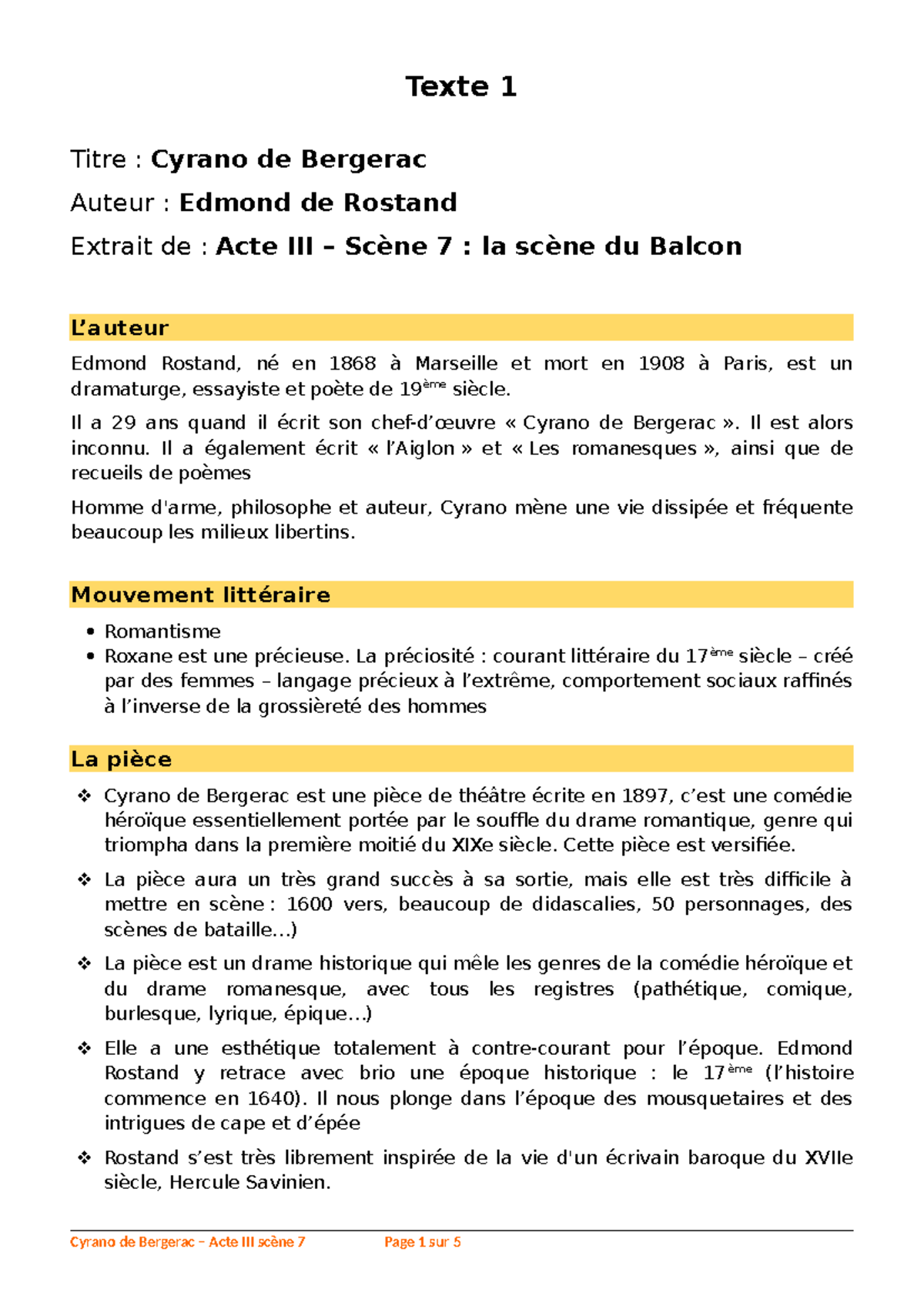Analyse Linéaire LL 1 - Cyrano de Bergerac Acte III Scène 7 - Studocu