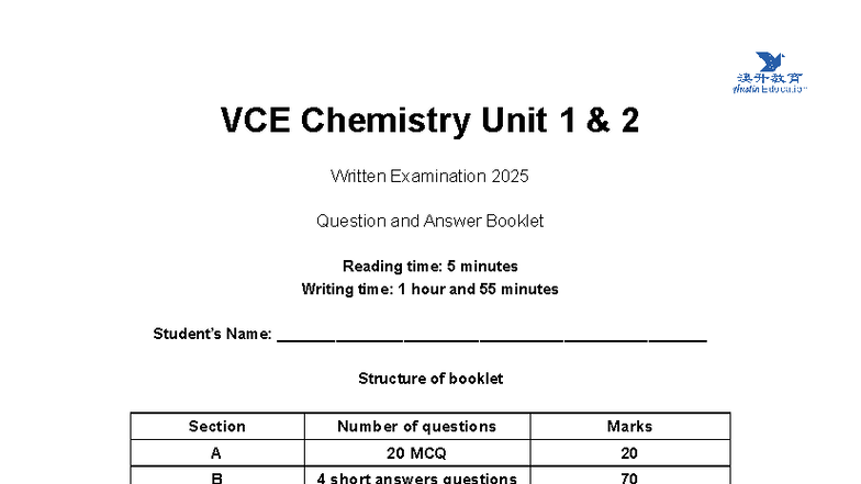 2025 VCE Chemistry Unit 1 & 2 Exam Question and Answer Booklet - Studocu