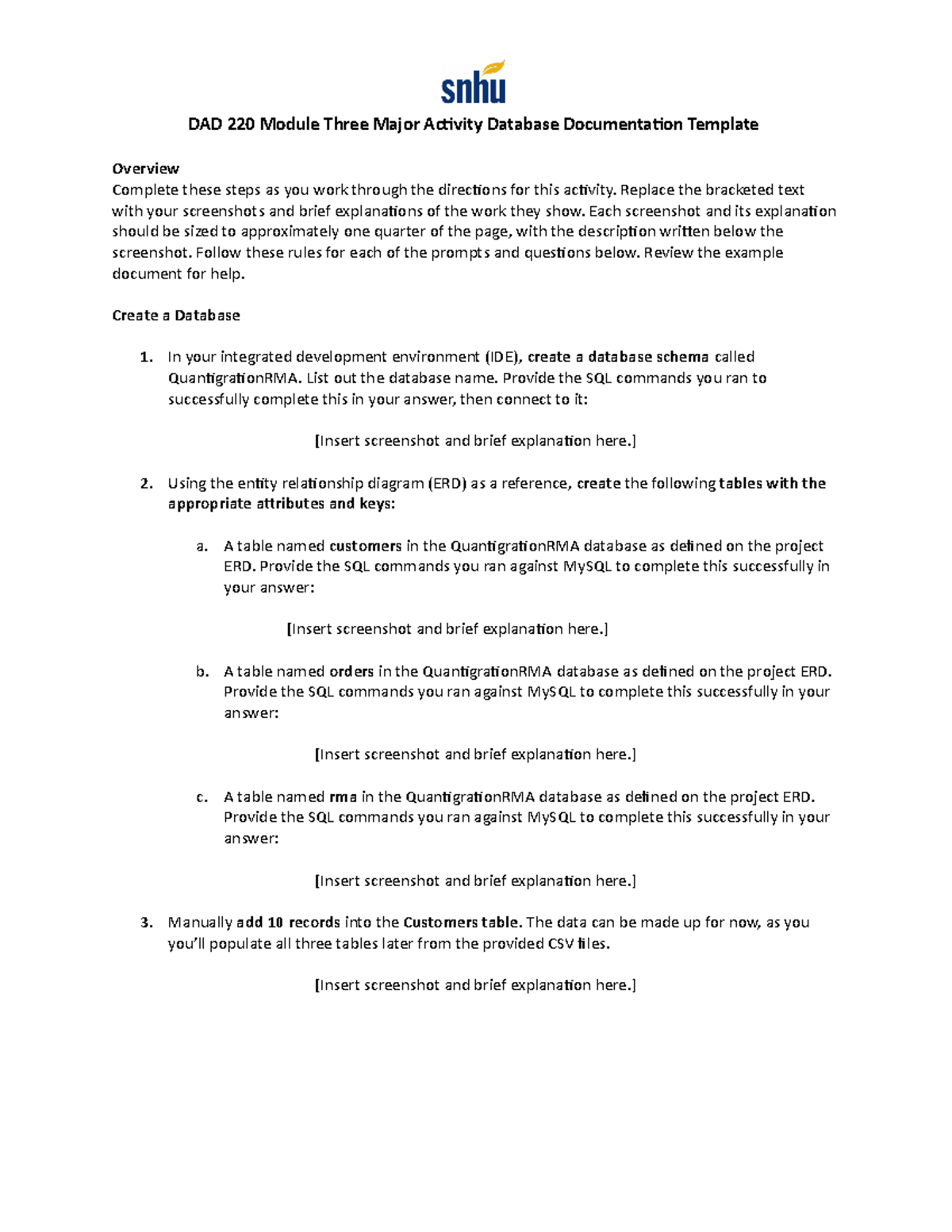 DAD 220 Module Three Major Activity Database Documentation Template - Replace the bracketed text ...