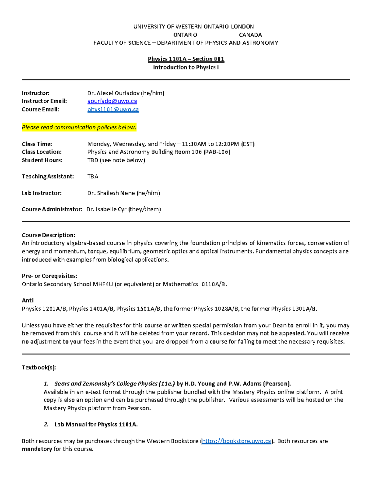 Physics 1101A Course Outline - Introduction to Physics I (Fall 2025 ...