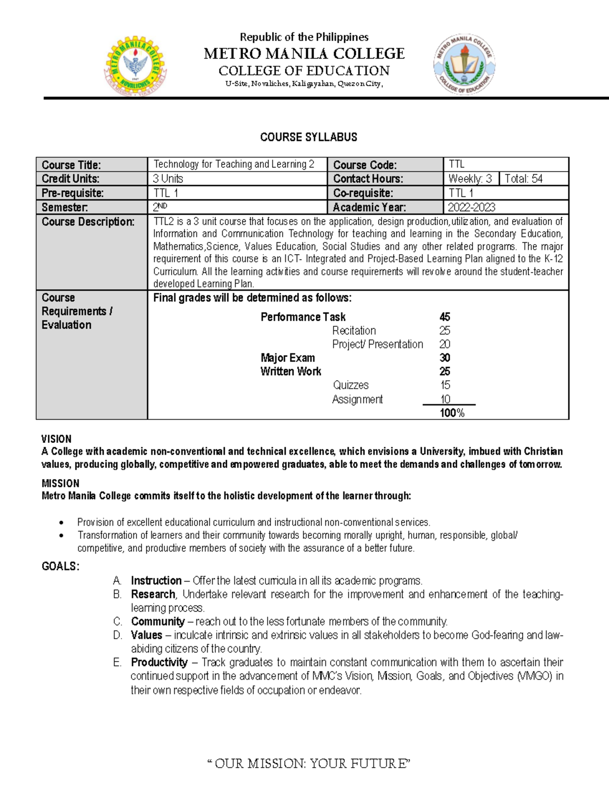TTL-2 Course Syllabus for Technology in Teaching and Learning 2 - Studocu