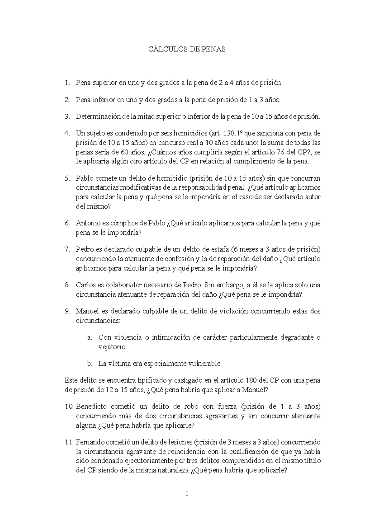 CÁLCULOS DE PENAS: Análisis de Sanciones y Artículos del CP - Studocu