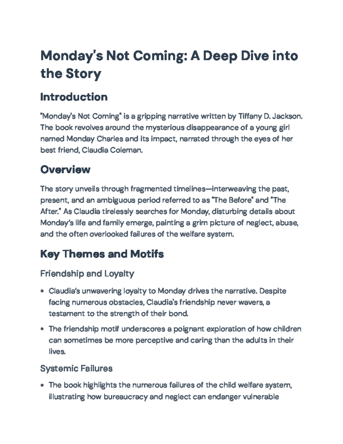 ENG 101 Final Exam Analysis of 'Monday's Not Coming' - Monday's Not ...