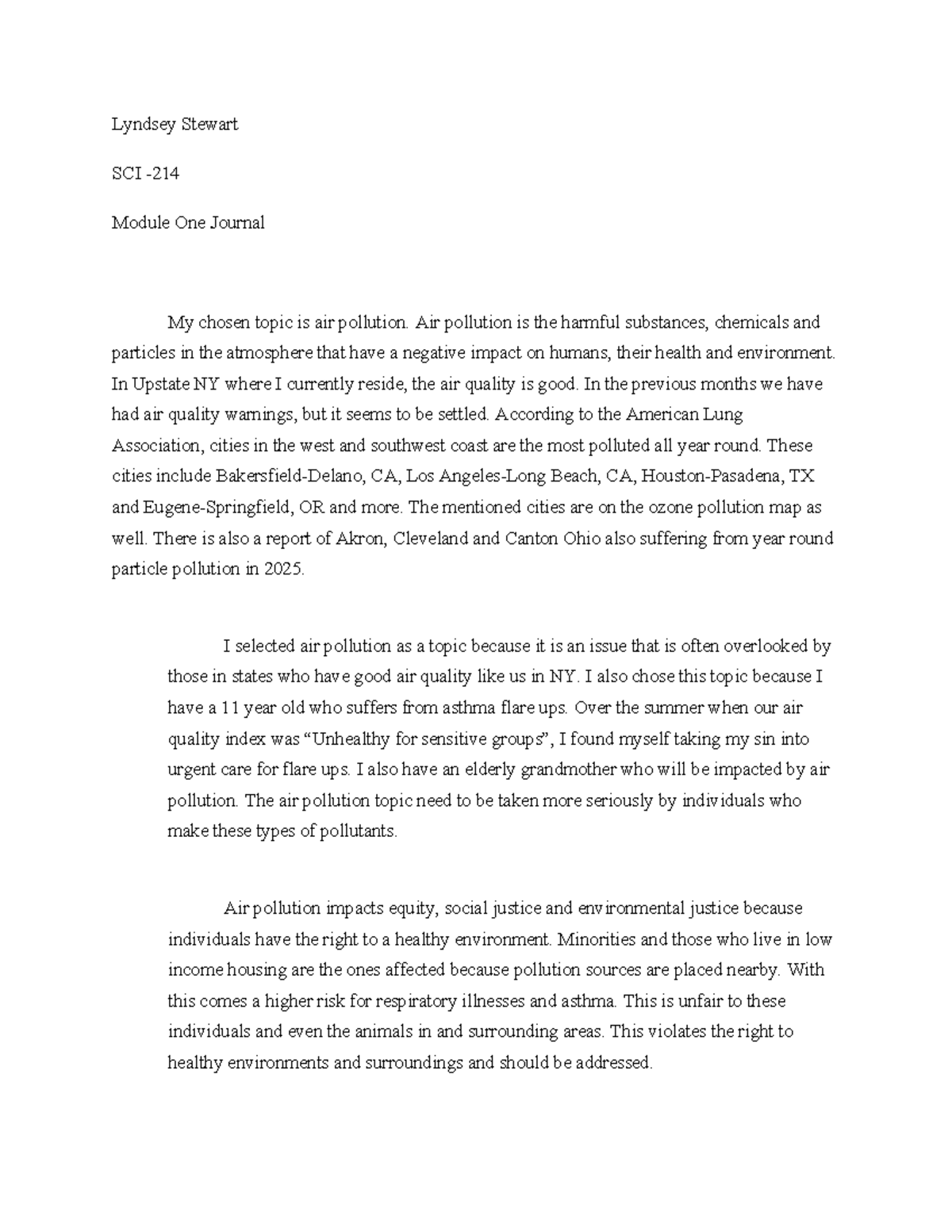 SCI-214 Module One Journal: The Impact of Air Pollution on Health - Studocu