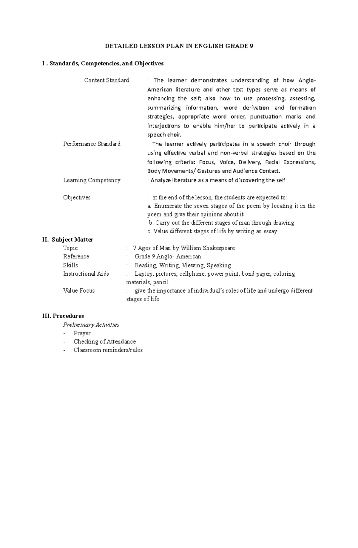 Detailed Lesson Plan In English Grade 9 Michelle A Detailed Lesson