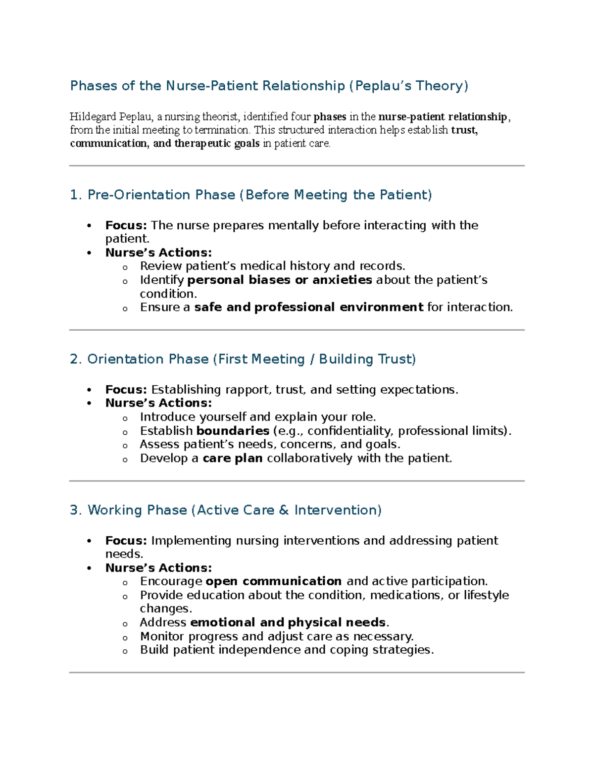 Peplaus - Revise - Phases of the Nurse-Patient Relationship (Peplau’s ...