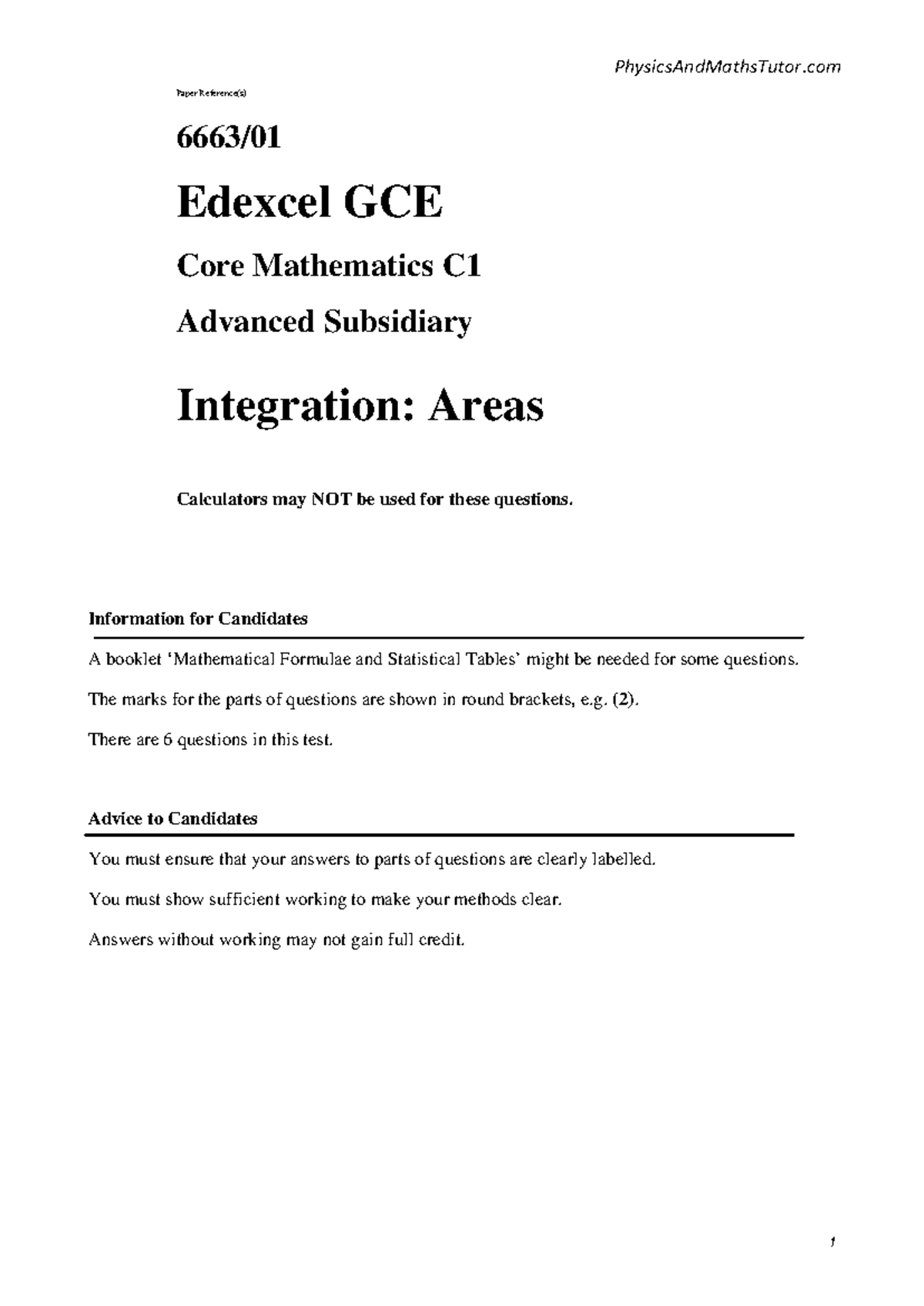 C1 Integration: Areas - Edexcel GCE Core Maths Exam Guide - Studocu