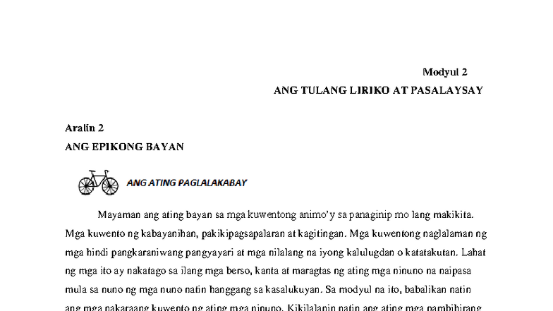 Modyul 2, Aralin 2: Epikong Bayan at mga Kuwento ng Kabayanihan - Studocu