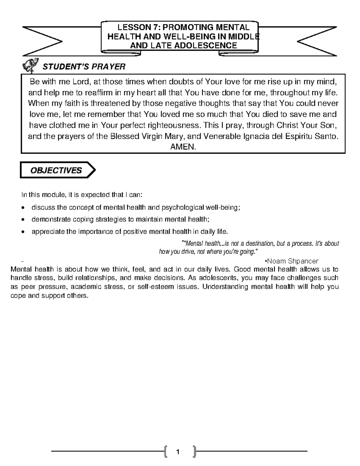 PER DEV Module: Lesson 7 on Mental Health in Adolescence - Studocu