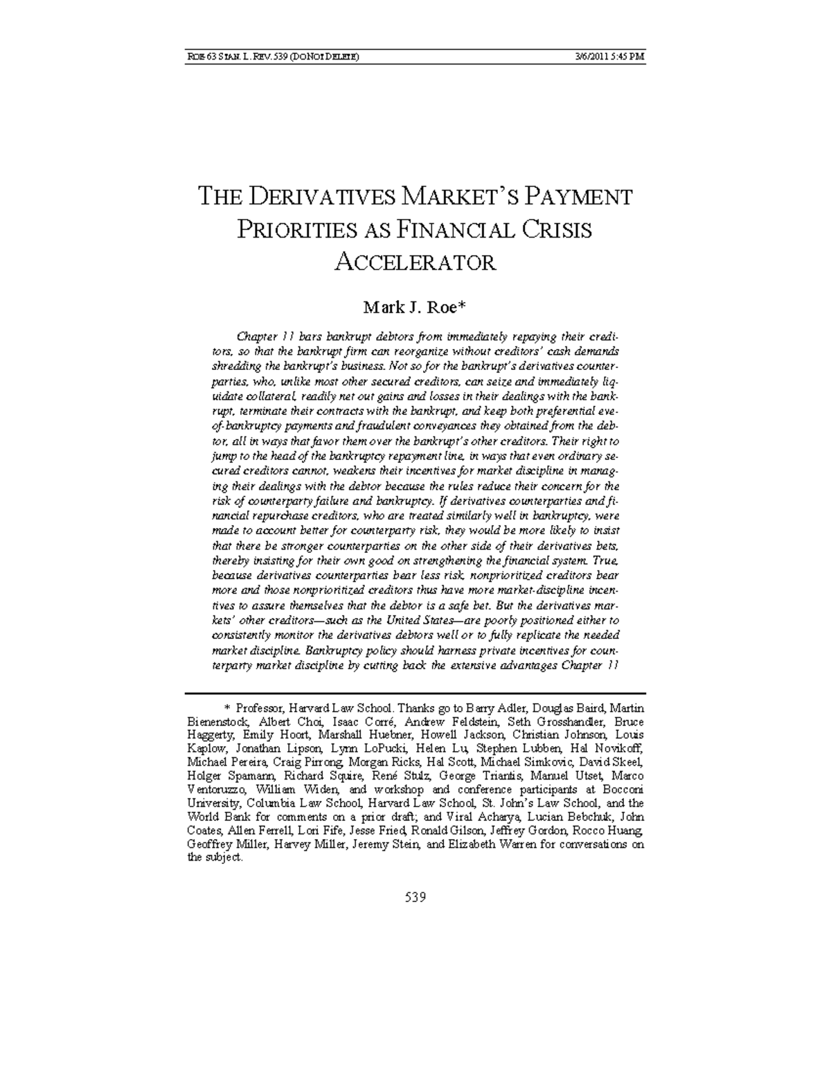 Derivatives Payment Priorities and Financial Crisis: Analyzing Chapter ...