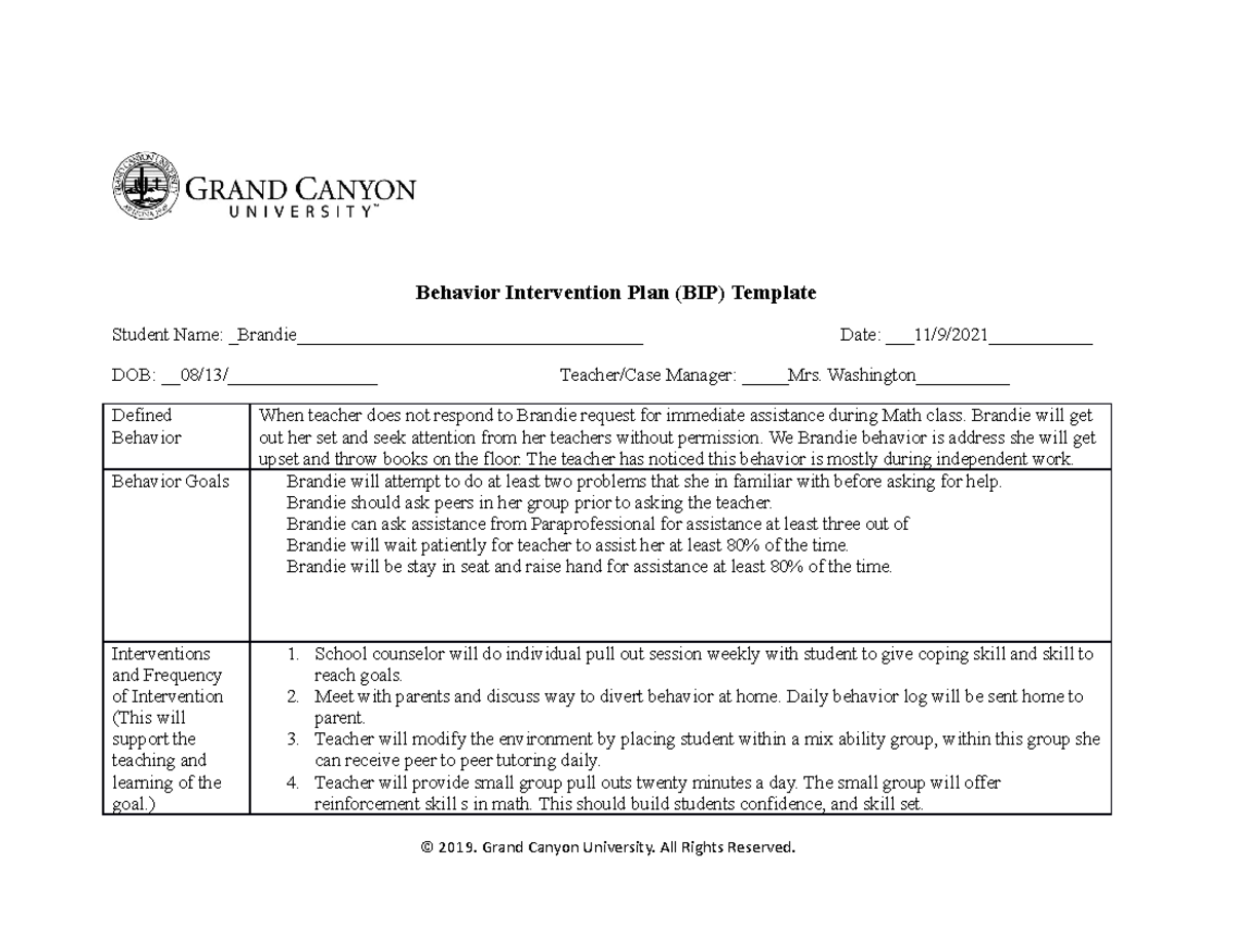 SPD 540 RS Behavior Intervention Plan BIP 11 - Behavior Intervention ...