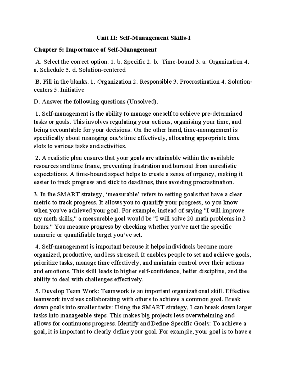 Unit II: Ch 5 & 6 - Self-Management Skills Overview - Studocu