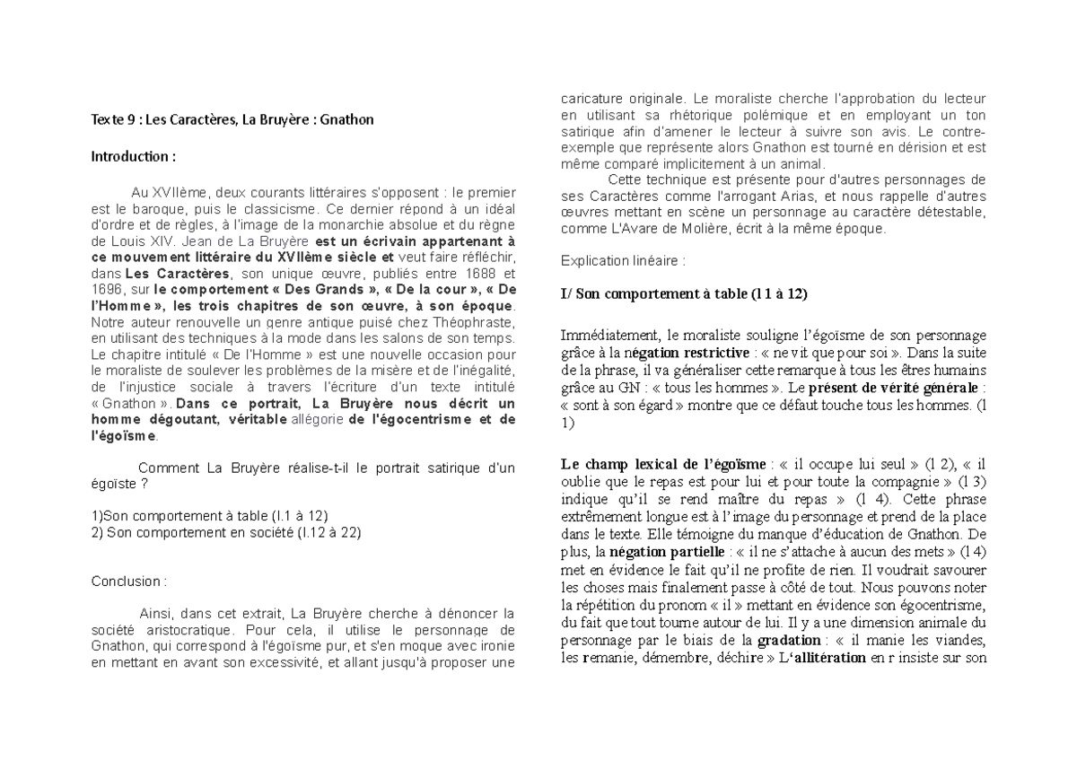 Texte 9 : Analyse de Gnathon dans Les Caractères de La Bruyère - Studocu
