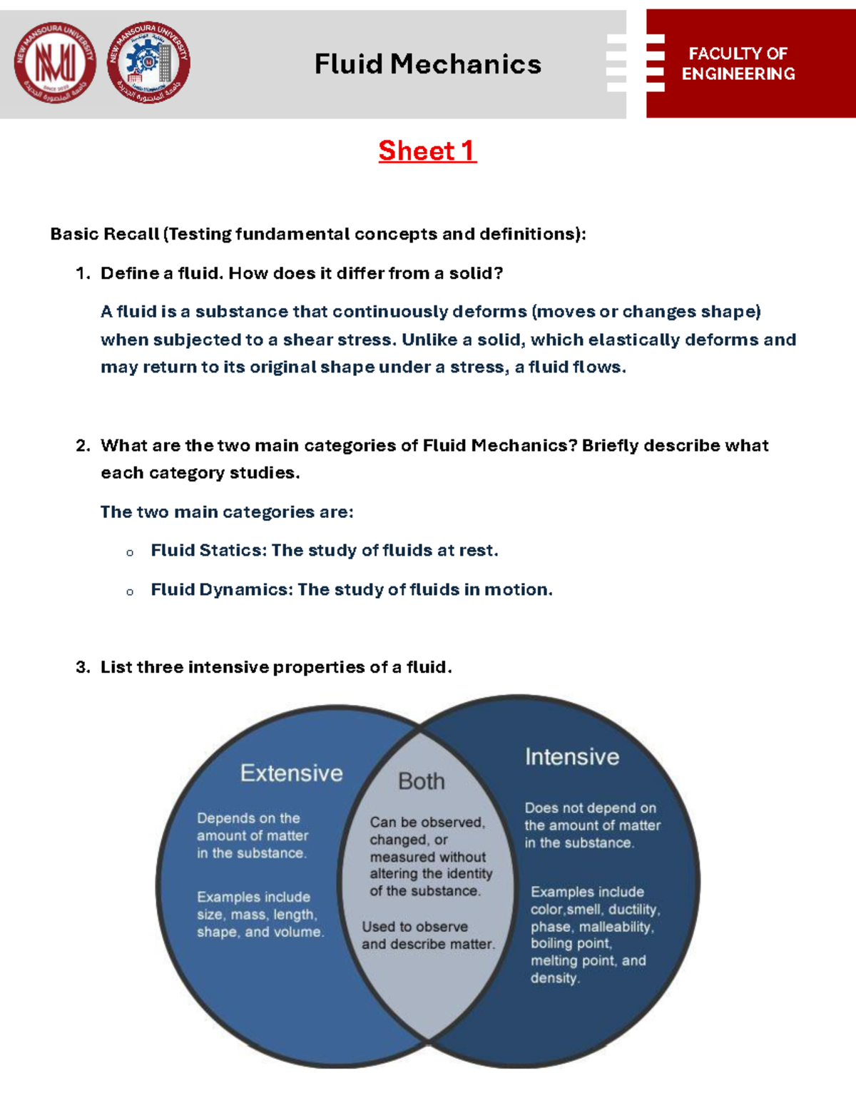 Fluid Mechanics ENG101: Basic Concepts and Definitions Sheet 1 - Studocu