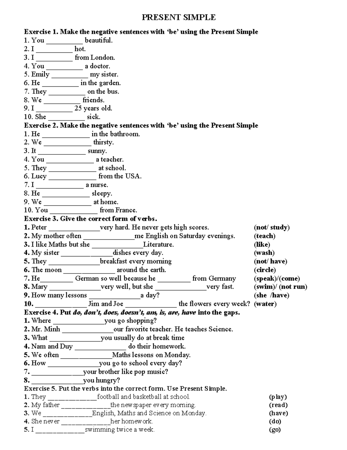 Present Simple Exercises and Practice - HTD - Studocu