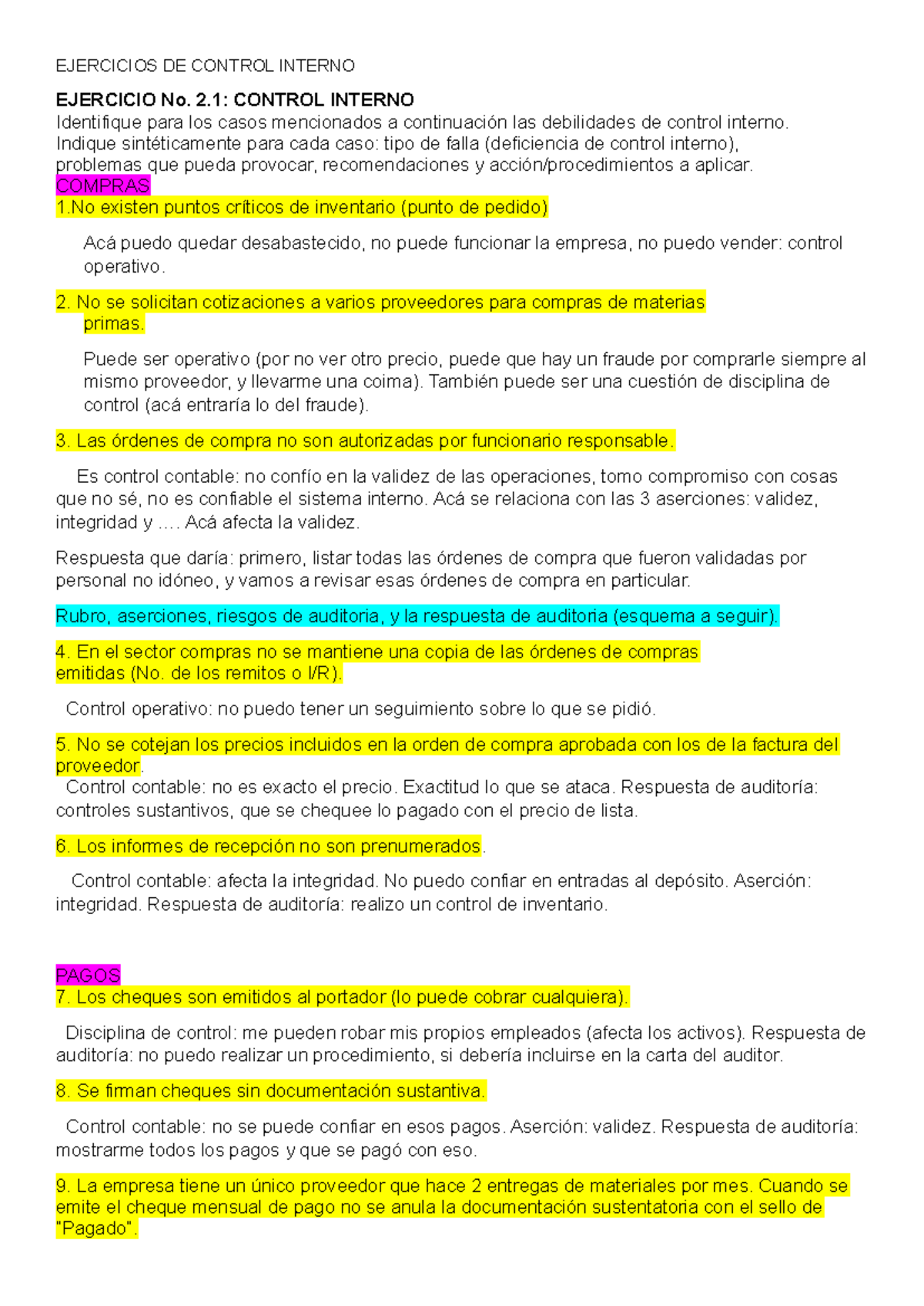Ejercicios de Control Interno - Clases 2.1, 2.3 y 2.4 para Auditoría - Studocu
