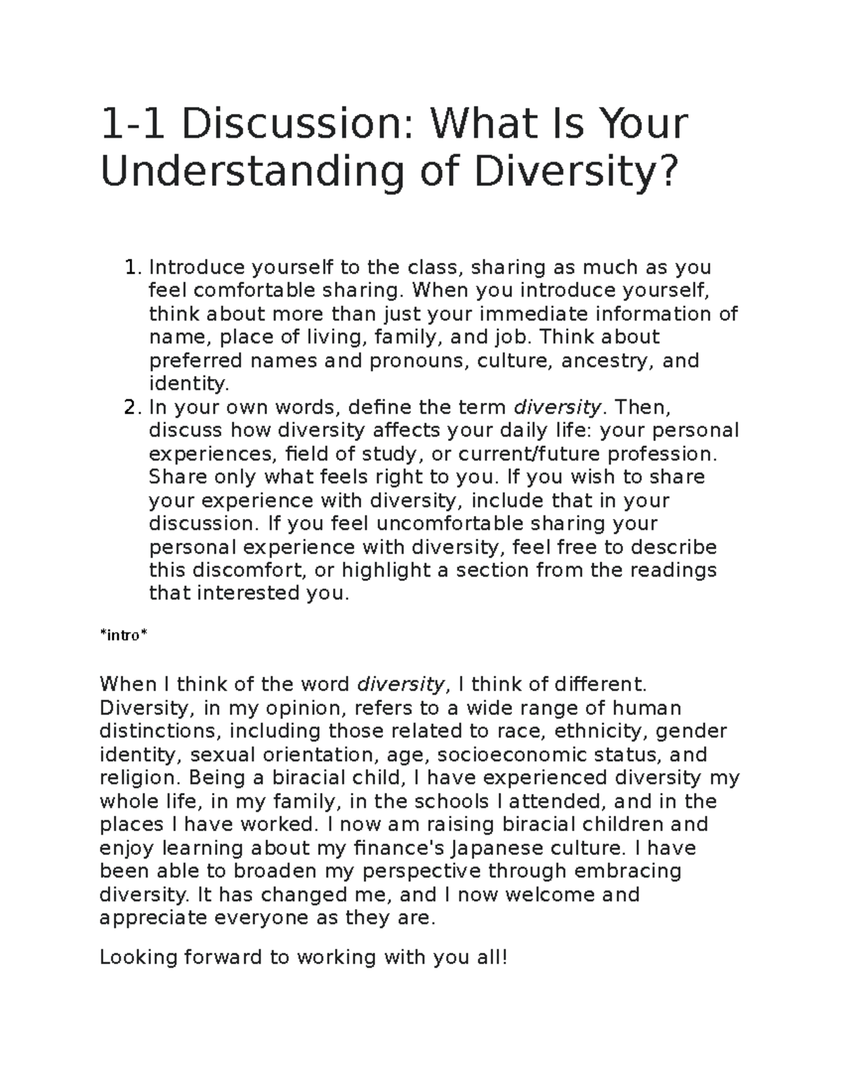 Discussion 1-1: Understanding Diversity and Personal Reflection - Studocu