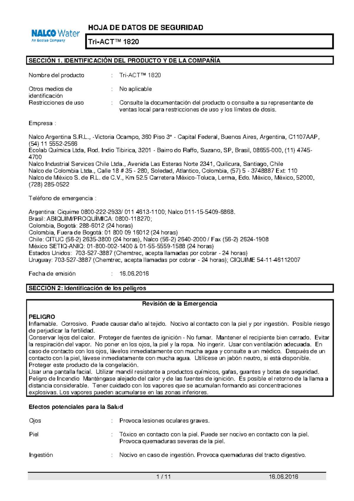 1470357 Ficha de Datos de Seguridad - Tri-ACT™ 1820 Nalco - Studocu