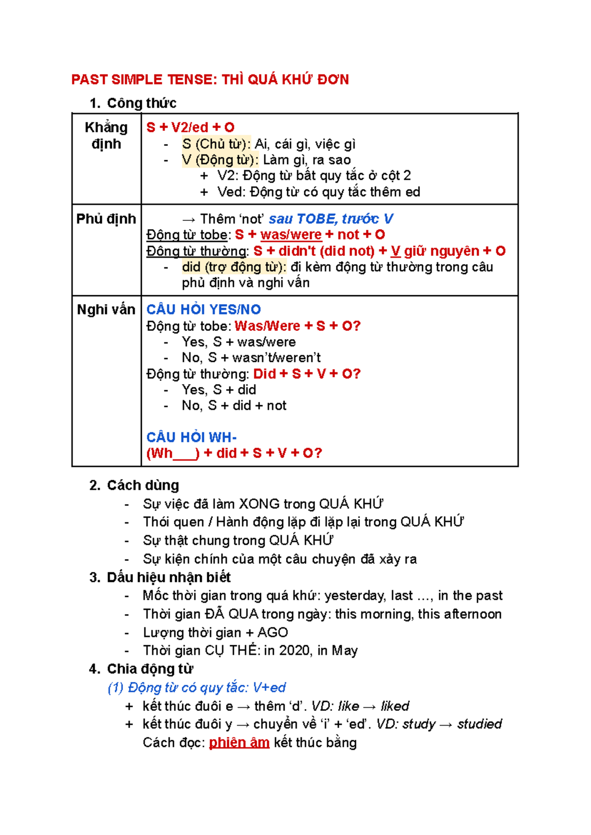 PAST SIMPLE TENSE: LÝ THUYẾT VÀ CÁCH SỬ DỤNG - Studocu