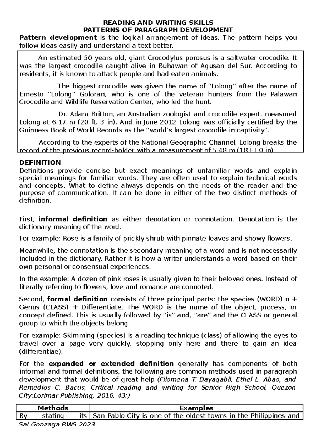 RWS-1-Q3 - N/A - READING AND WRITING SKILLS PATTERNS OF PARAGRAPH DEVELOPMENT Pattern ...